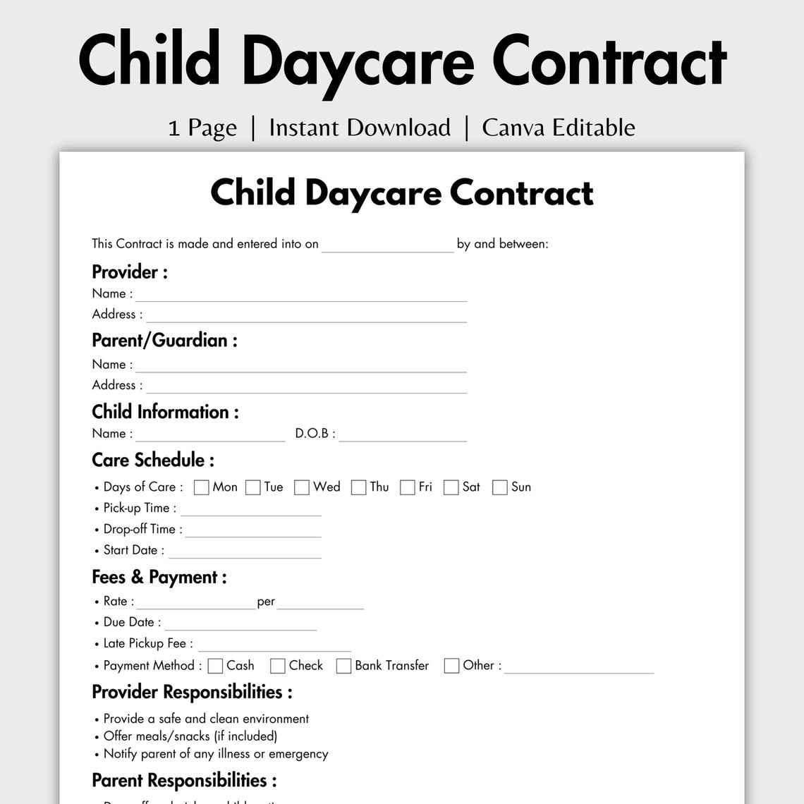 One Page Child Daycare Contract, Editable Daycare Paperwork Form ...