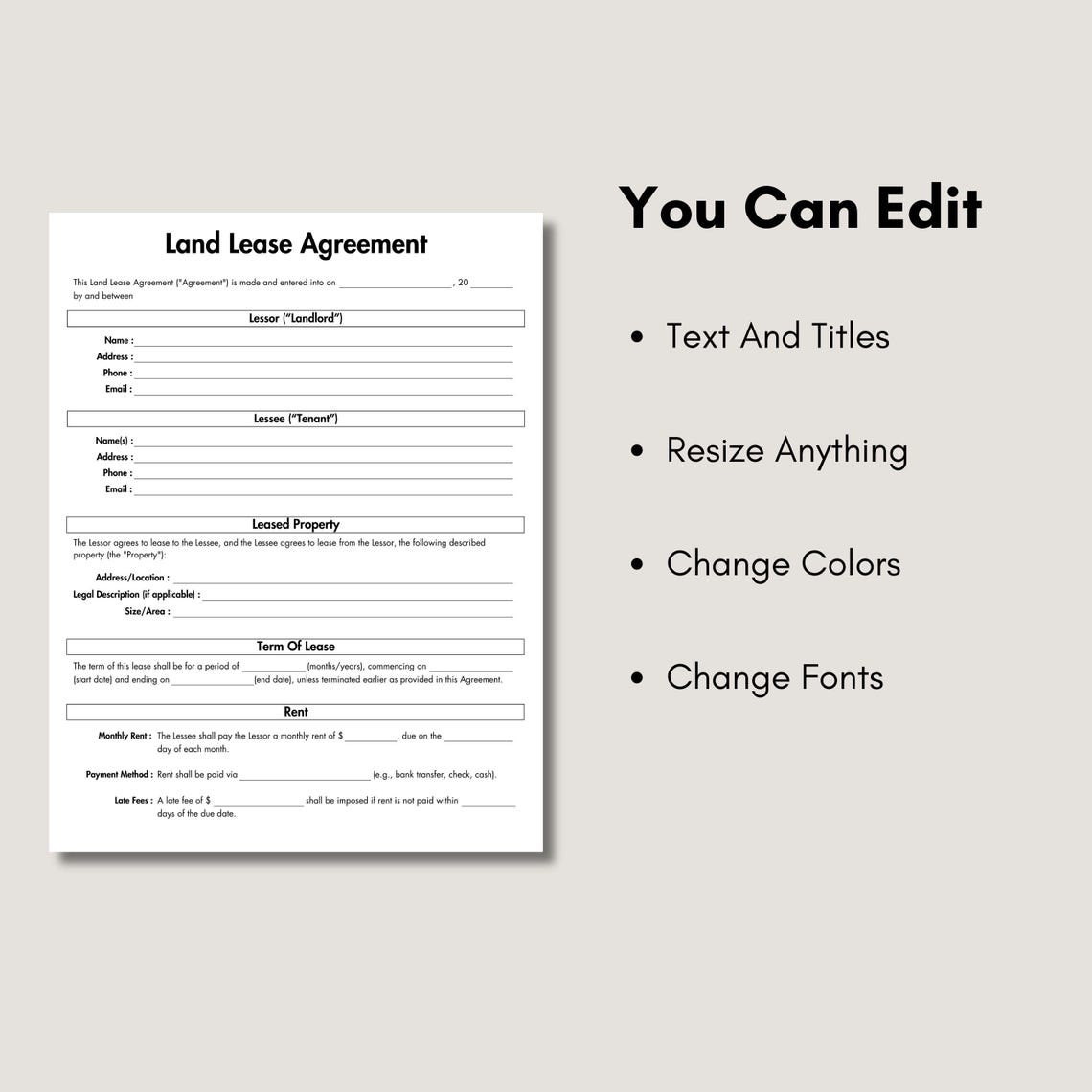 Land Lease Agreement Template, Printable & Editable Land Rental ...