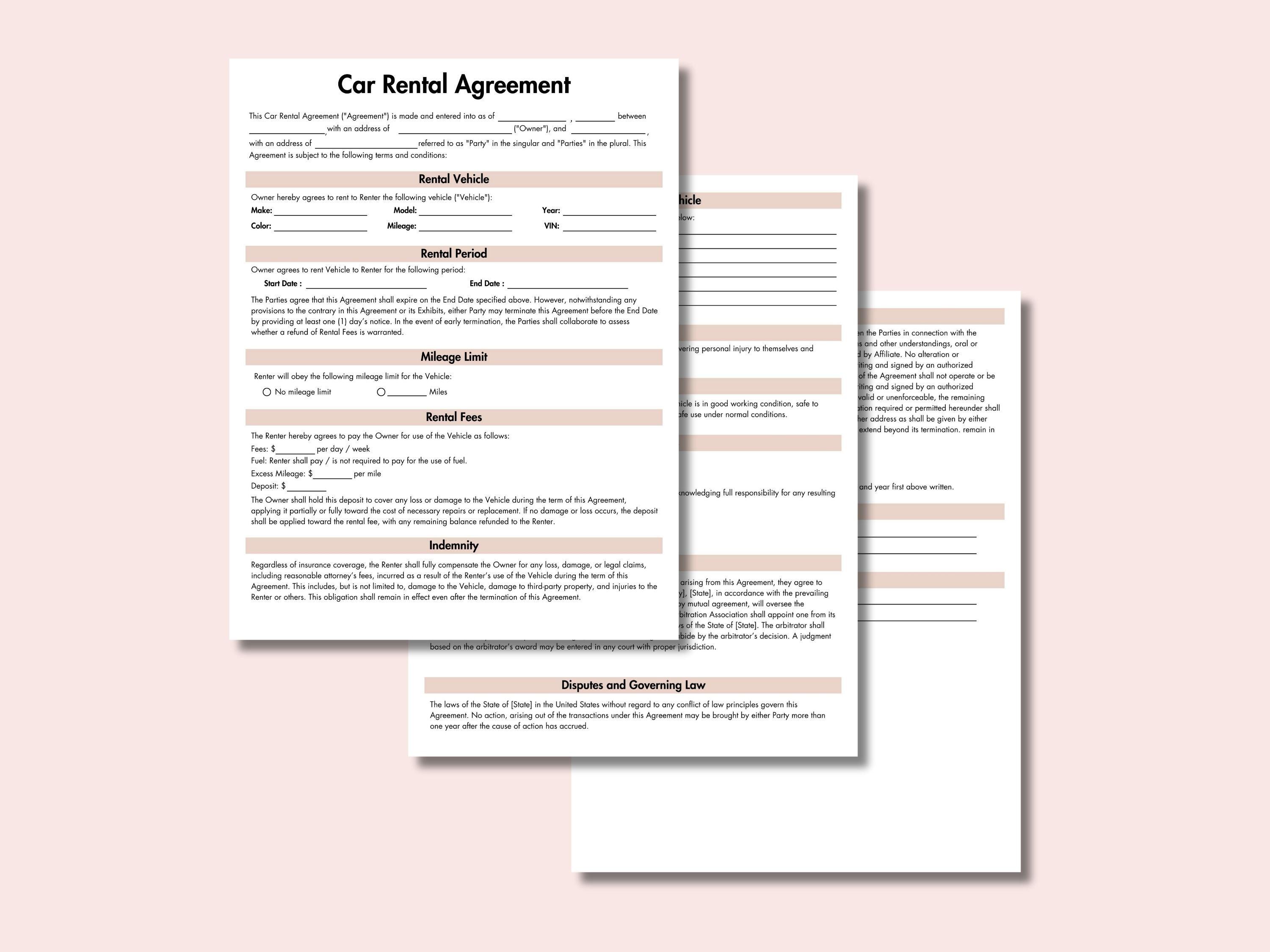 Car Rental Agreement, Printable Car Rental Contract, Vehicle Lease ...