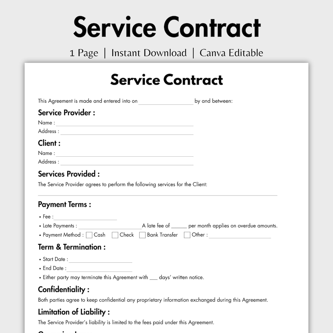 One Page Service Contract, Editable Services Contract Agreement ...