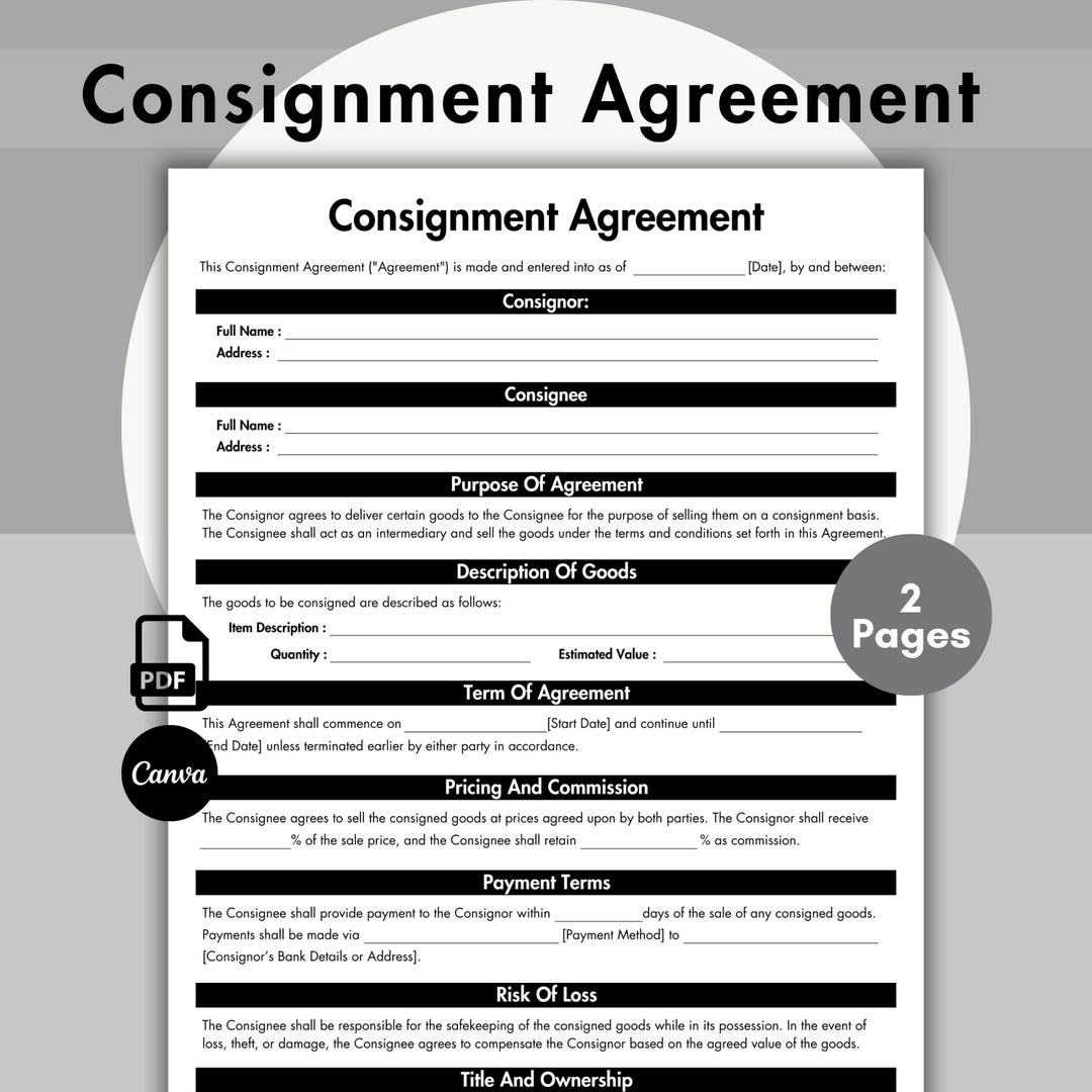 Printable Consignment Agreement, Consignment Contract Editable, Shop ...