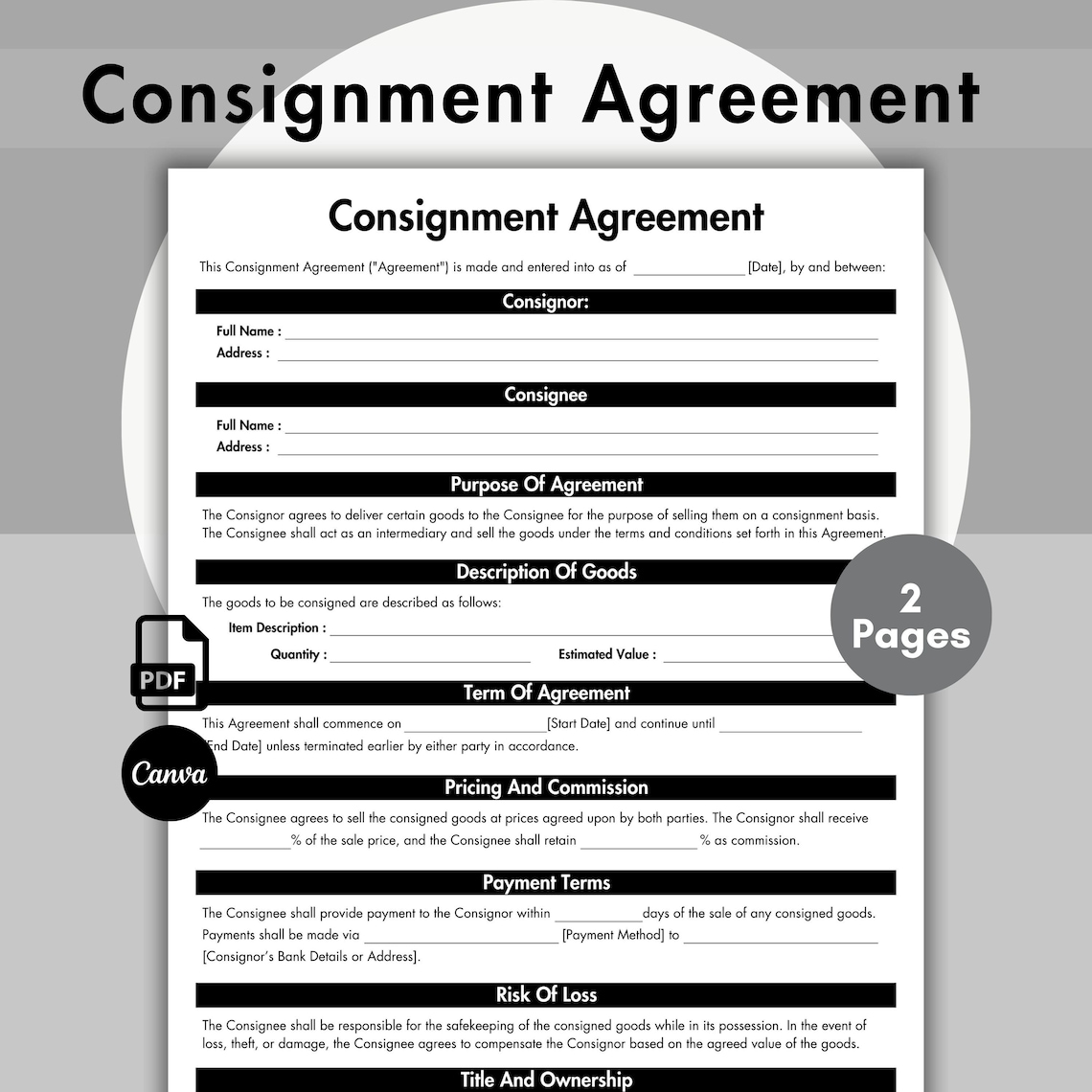 Printable Consignment Agreement, Consignment Contract Editable, Shop ...