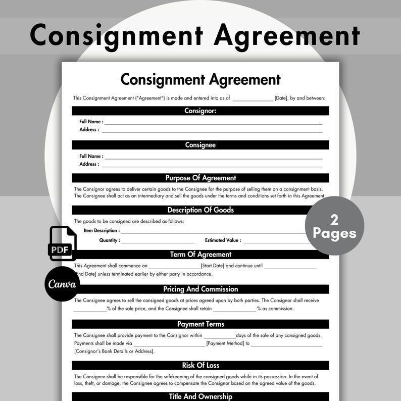 Printable Consignment Agreement, Consignment Contract Editable, Shop ...