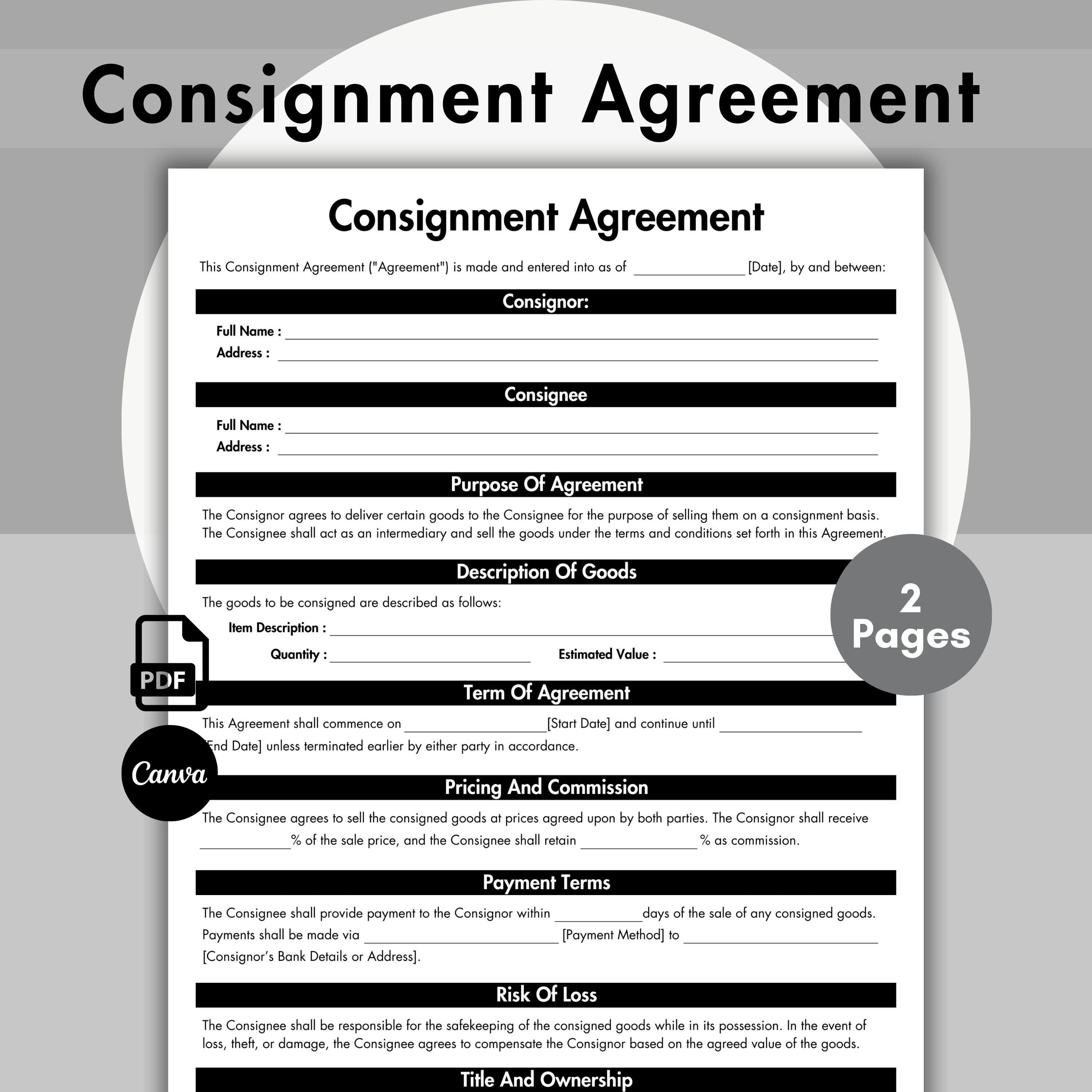 Printable Consignment Agreement, Consignment Contract Editable, Shop ...