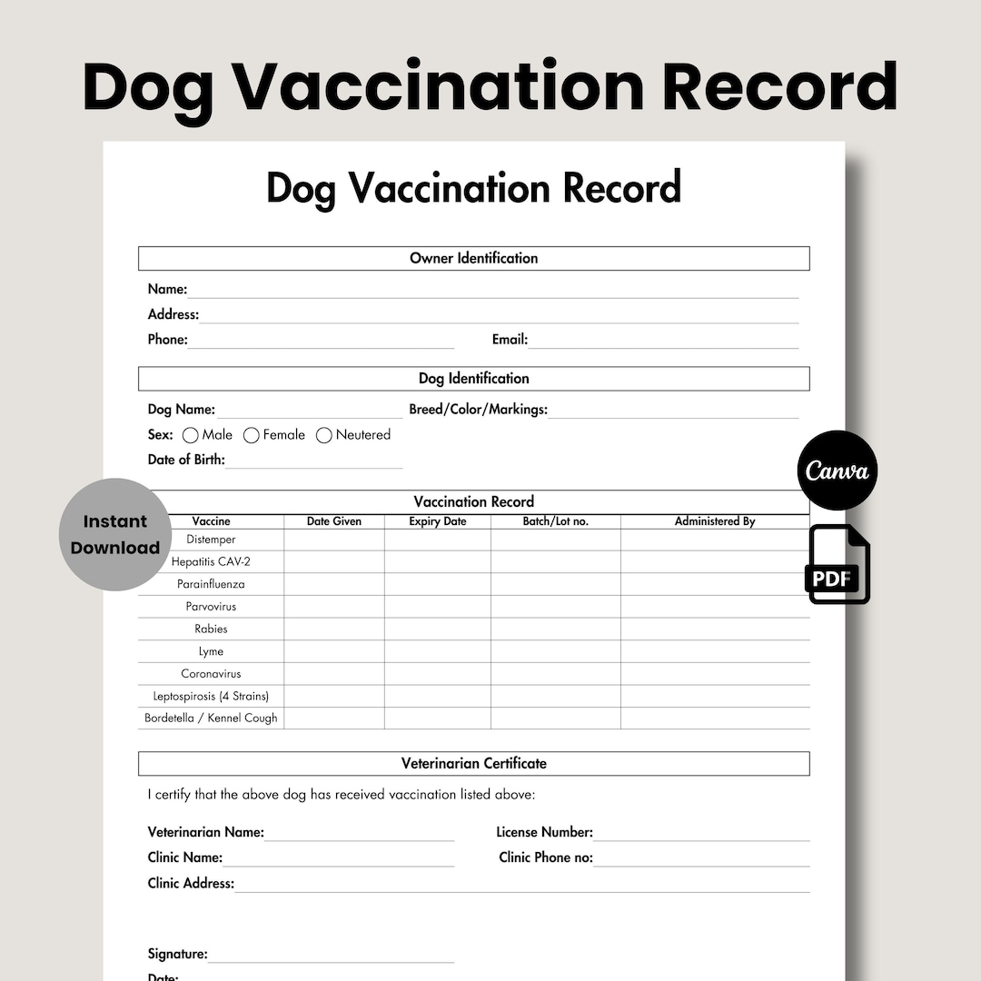 Dog Vaccination Record Form, Printable Vaccination Certificate for Dogs ...