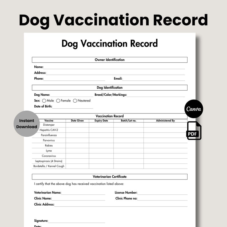 Dog Vaccination Record Form, Printable Vaccination Certificate for Dogs ...