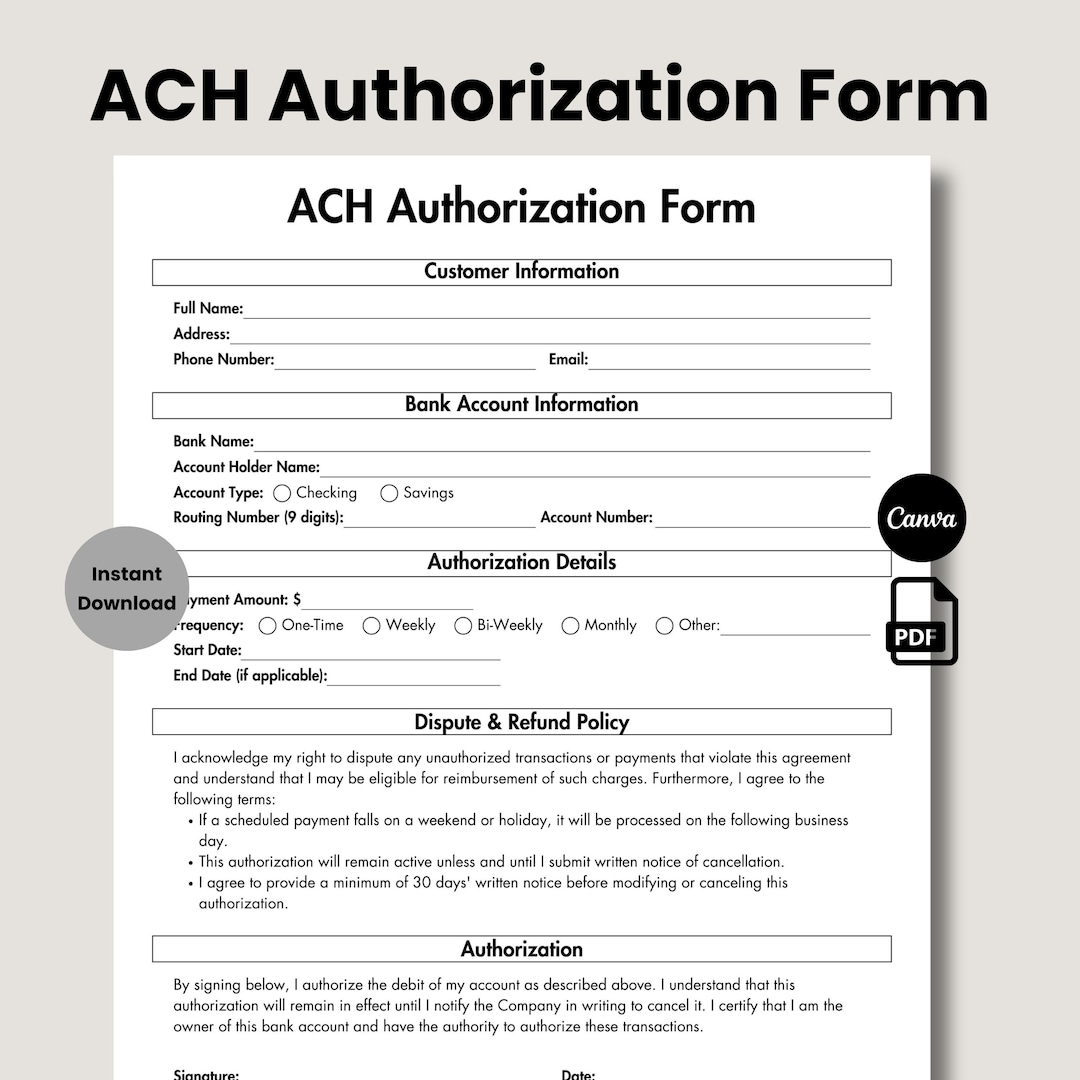 Editable ACH Authorization Form, Debit Authorization Form, ACH Payment Template, Printable ACH ...