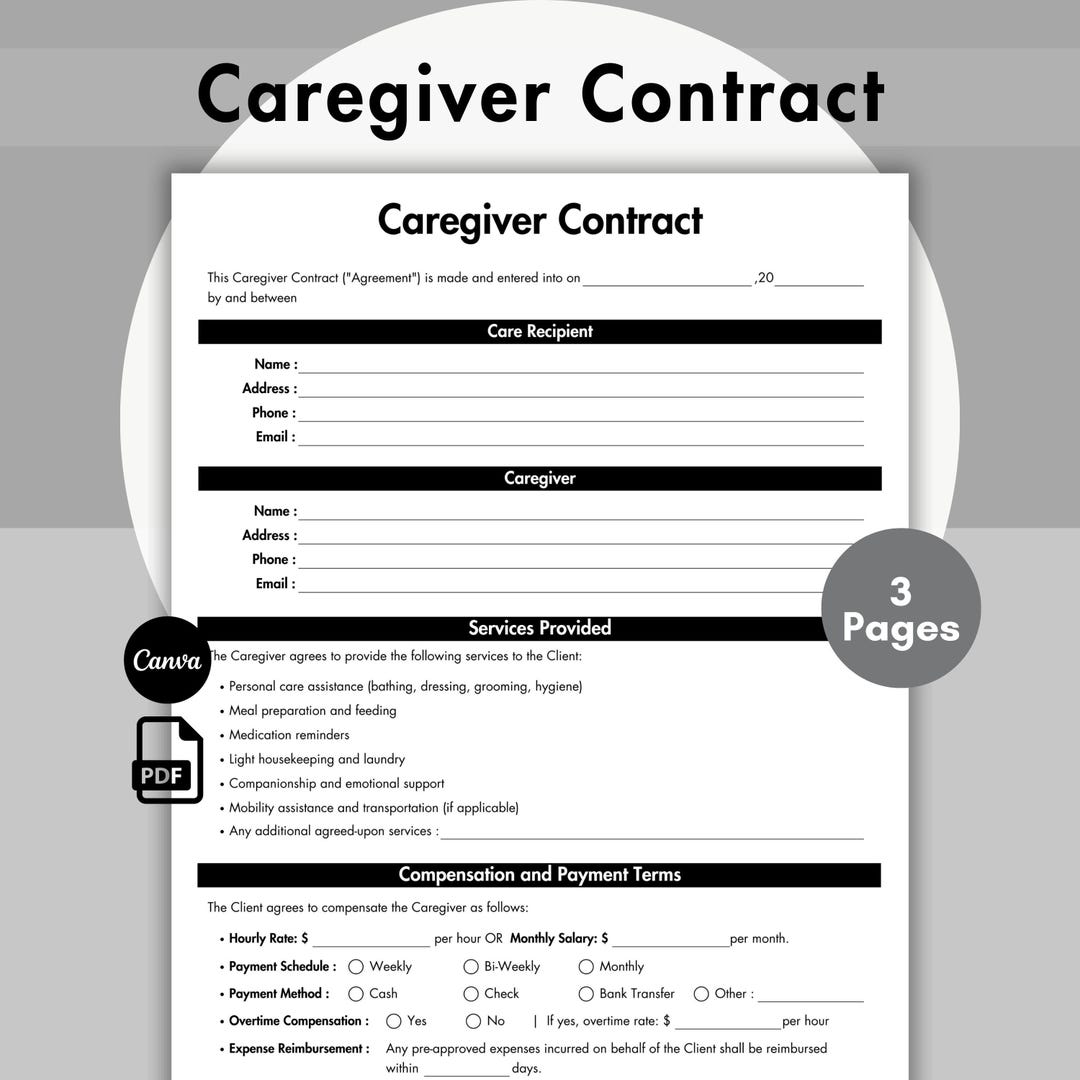 Editable Caregiving Agreement, Printable Homecare Contract, Caregiving ...