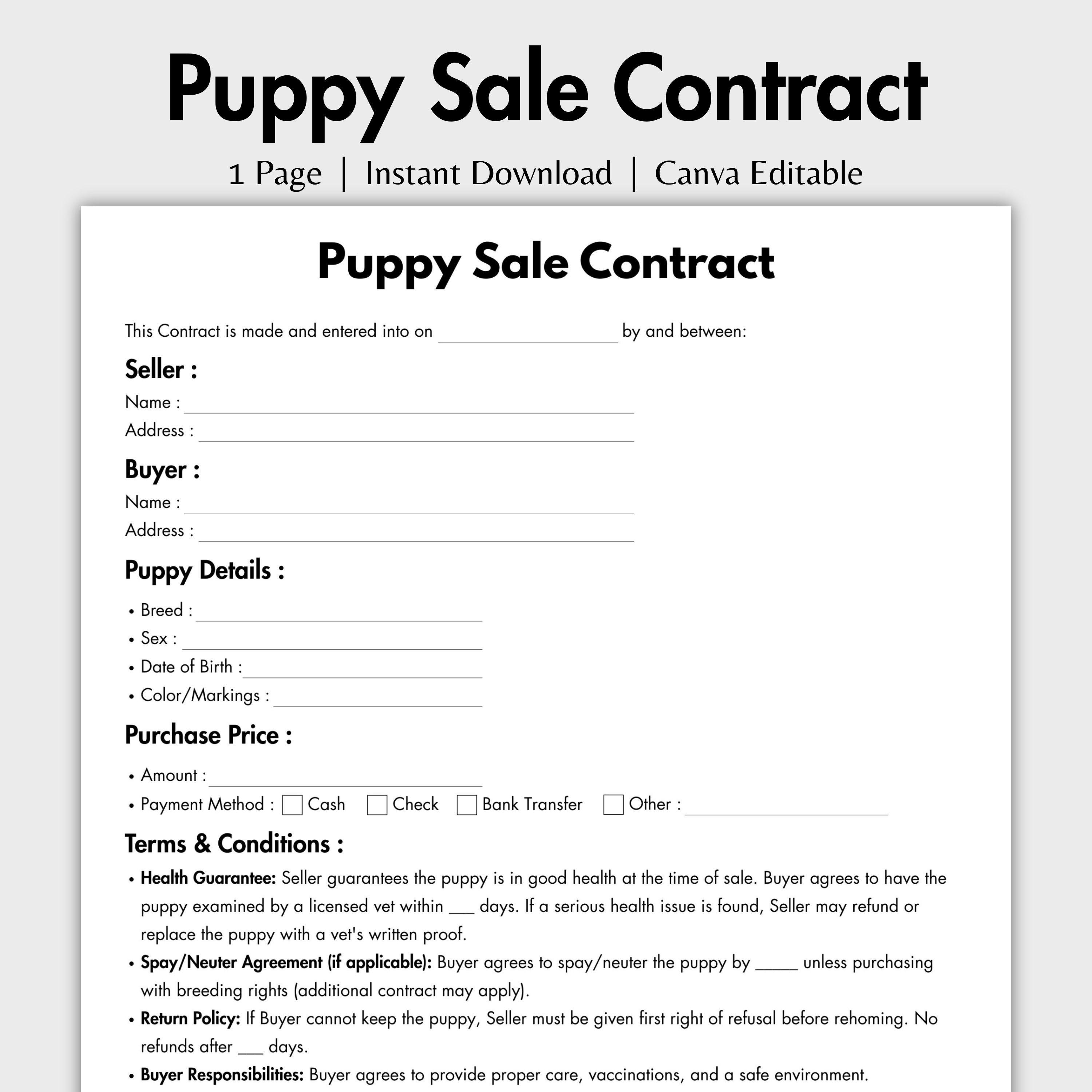 One Page Puppy Sales Contract, Editable Puppy Sale Agreement Template ...