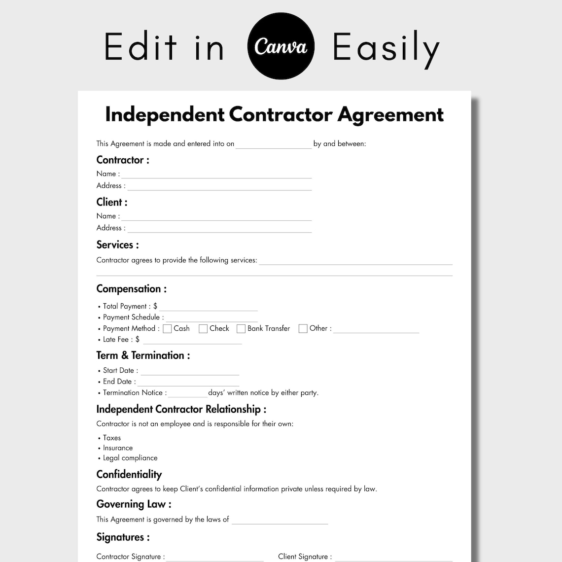 One Page Independent Contractor Agreement, Editable Business Contract ...