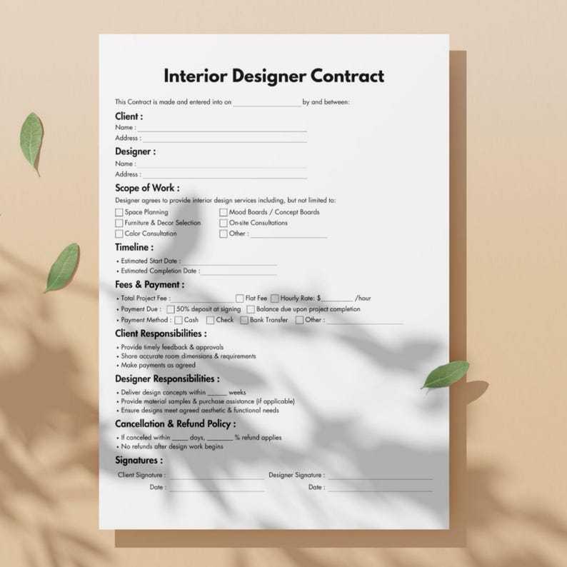 One Page Interior Designer Contract, Editable Interior Decorating Form Template Canva, Printable ...