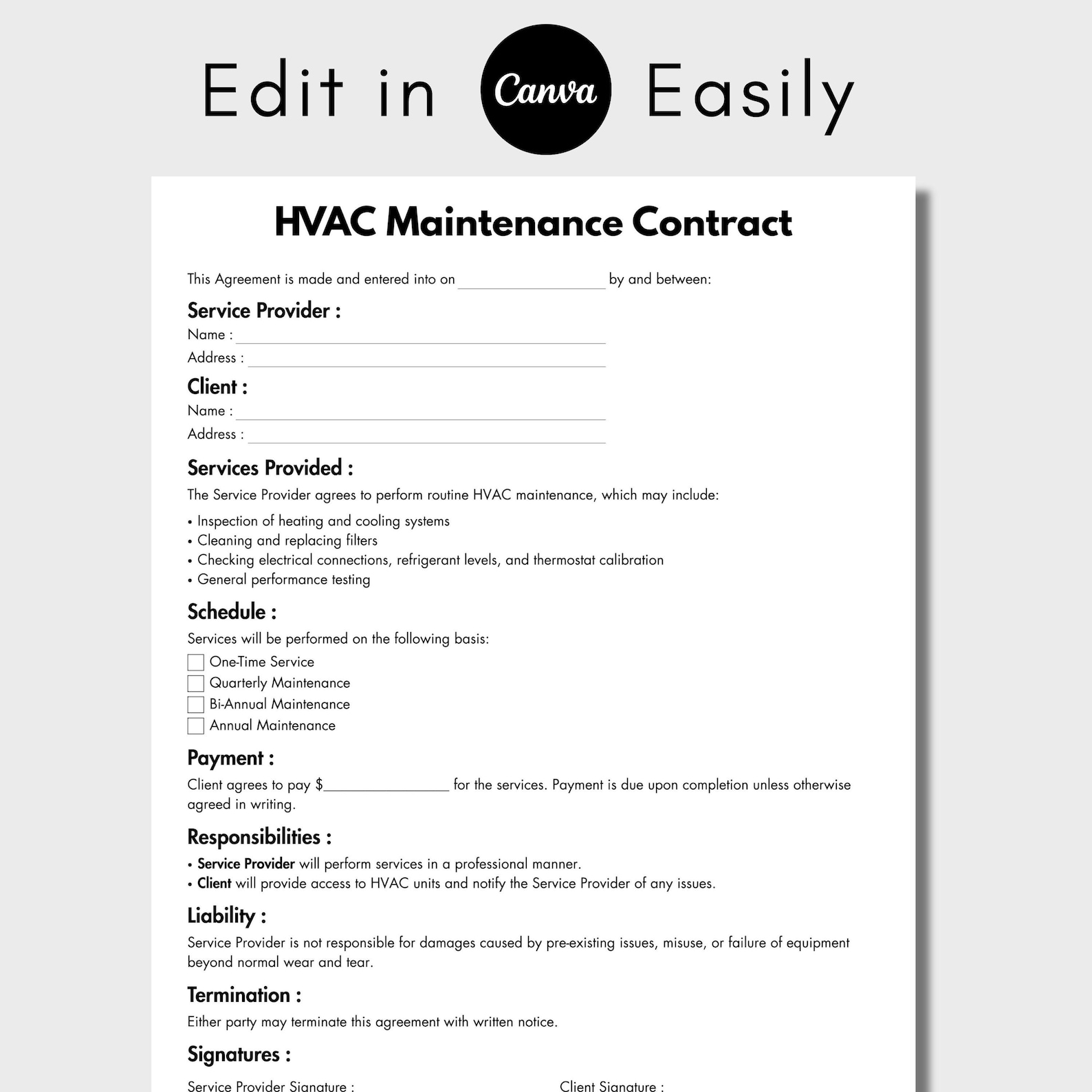 One Page HVAC Maintenance Contract, Editable Heating & Cooling Service ...