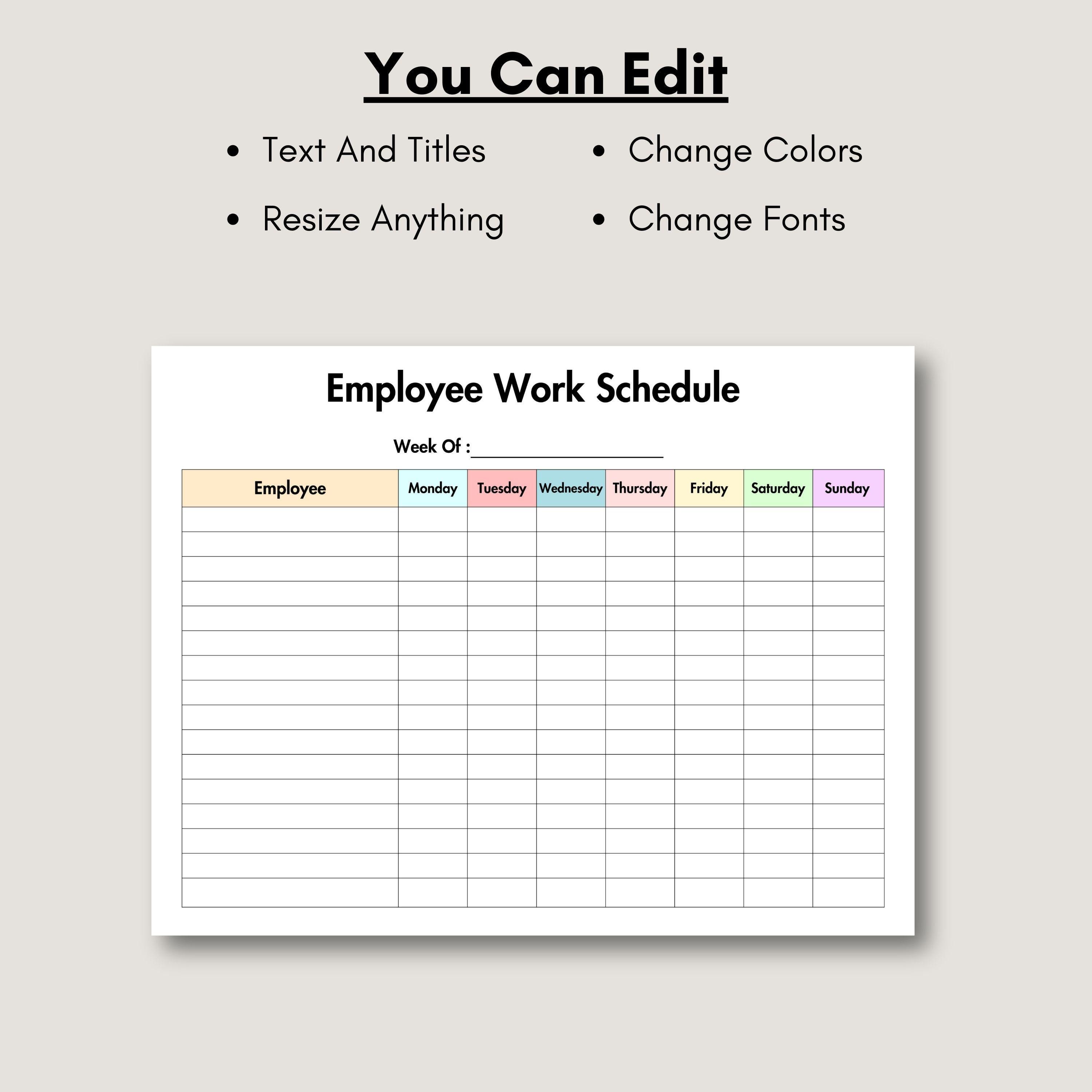 Editable Employee Work Schedule Printable, Employee Weekly Schedule ...