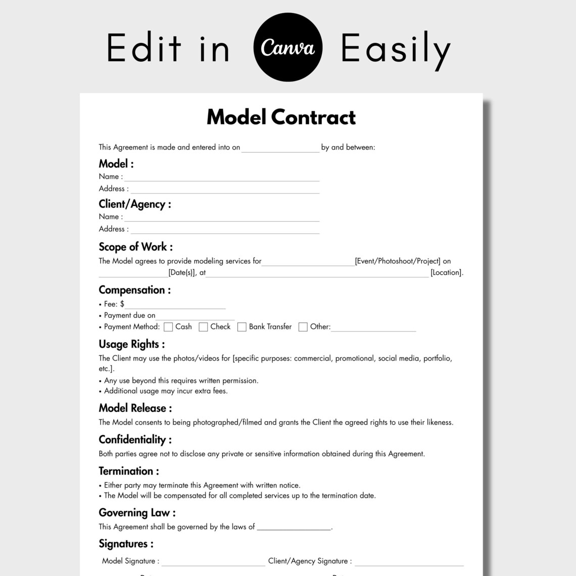 One Page Model Contract, Editable Modeling Services Form Template ...