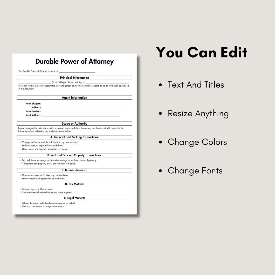 Editable Durable Power of Attorney, POA Form, Printable Durable Power ...