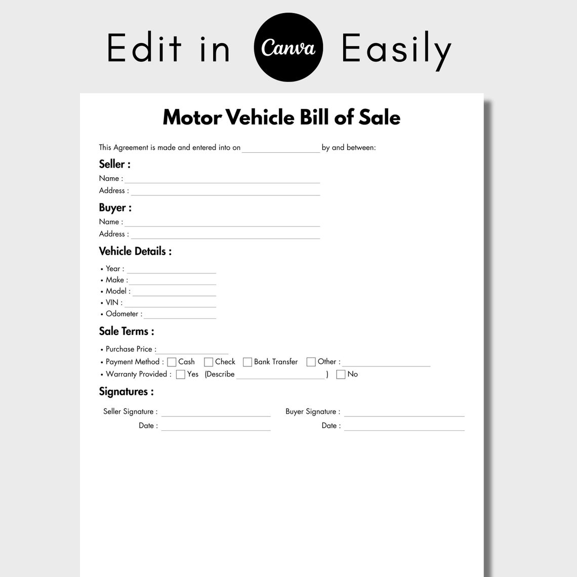 One Page Motor Vehicle Bill of Sale Contract, Editable Car Sale Form ...
