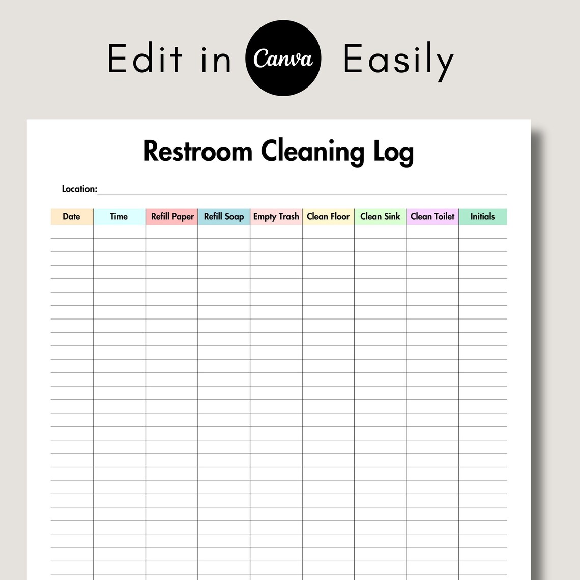 Restroom Cleaning Log Colorful, Commercial Cleaning Log Sheet, Editable ...