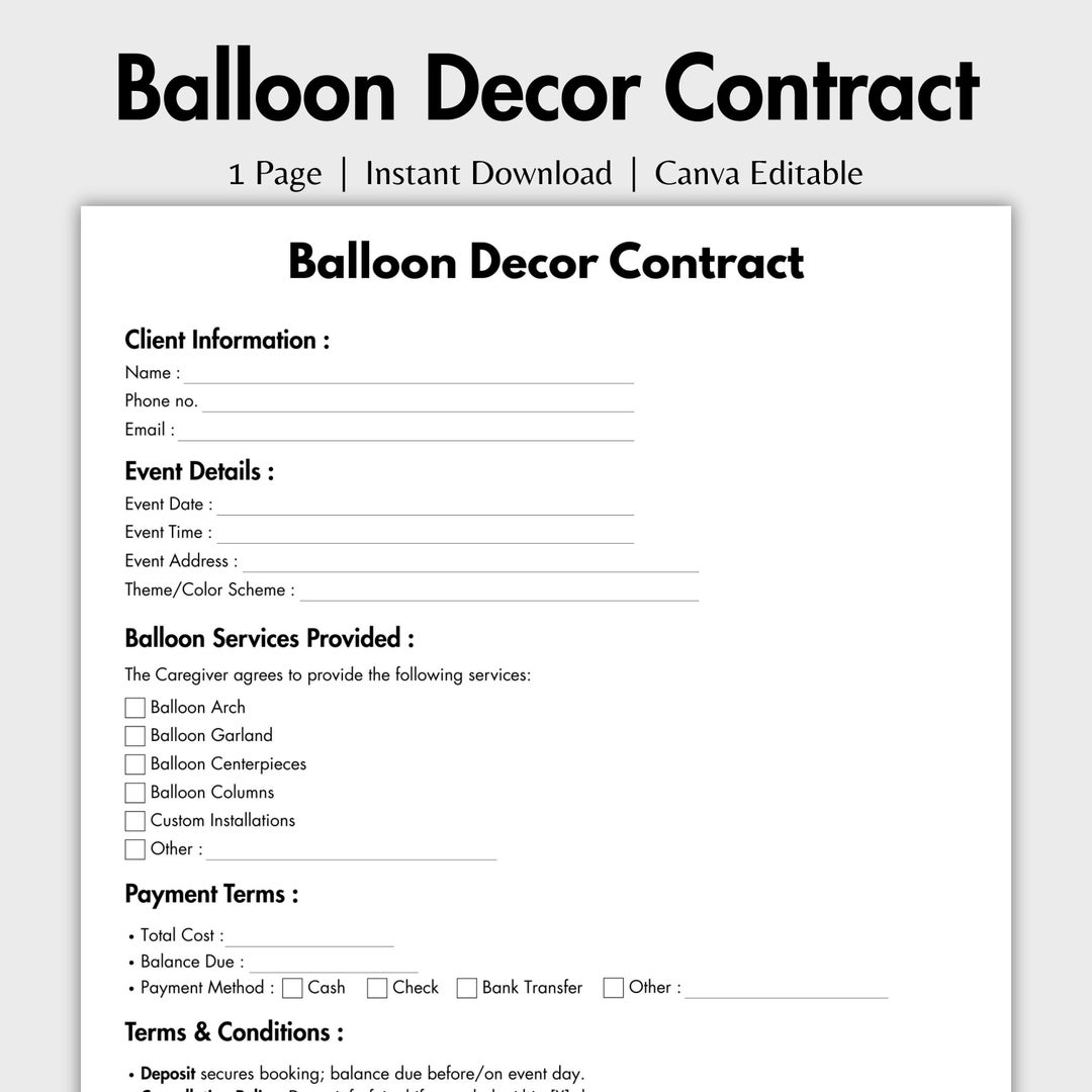 One Page Balloon Decor Contract Template, Editable Balloon Decoration ...