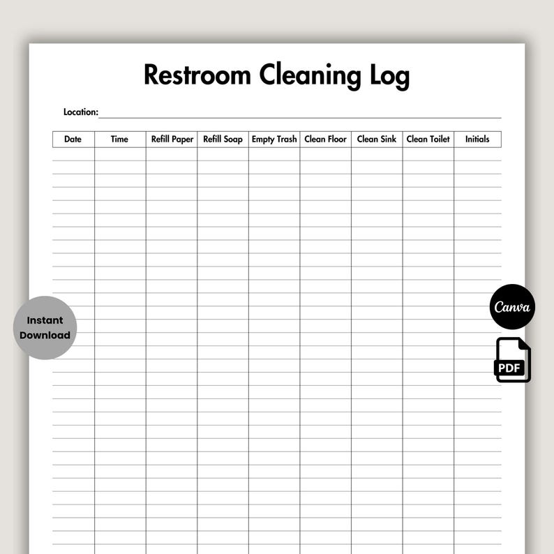 Editable Restroom Cleaning Log, Printable Cleaning Restroom Checklist ...