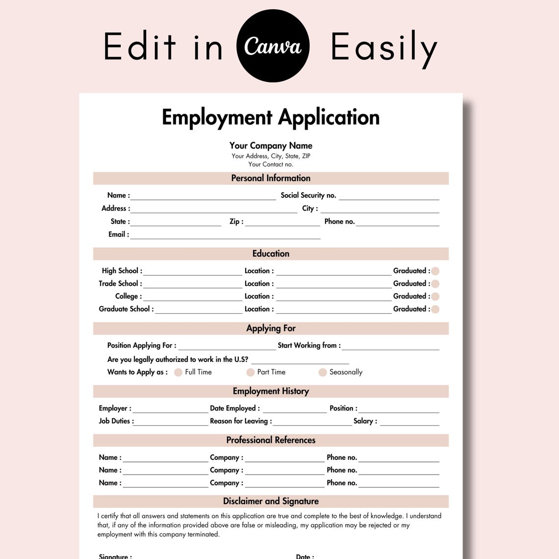 Employee Application, Application for Employment, Editable Job ...