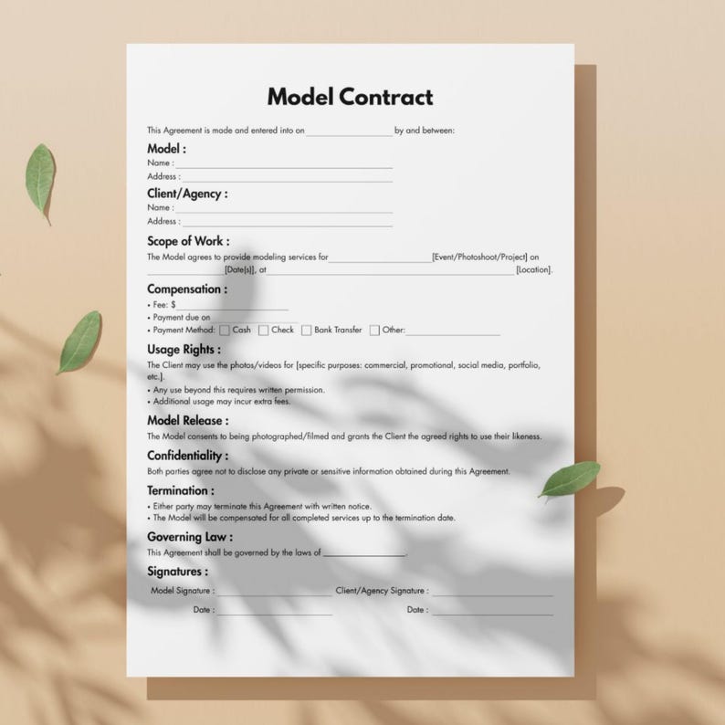 One Page Model Contract, Editable Modeling Services Form Template ...