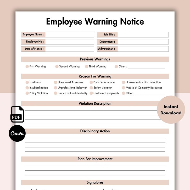 Employee Warning Notice, Employee Discipline Form, Editable Employee ...