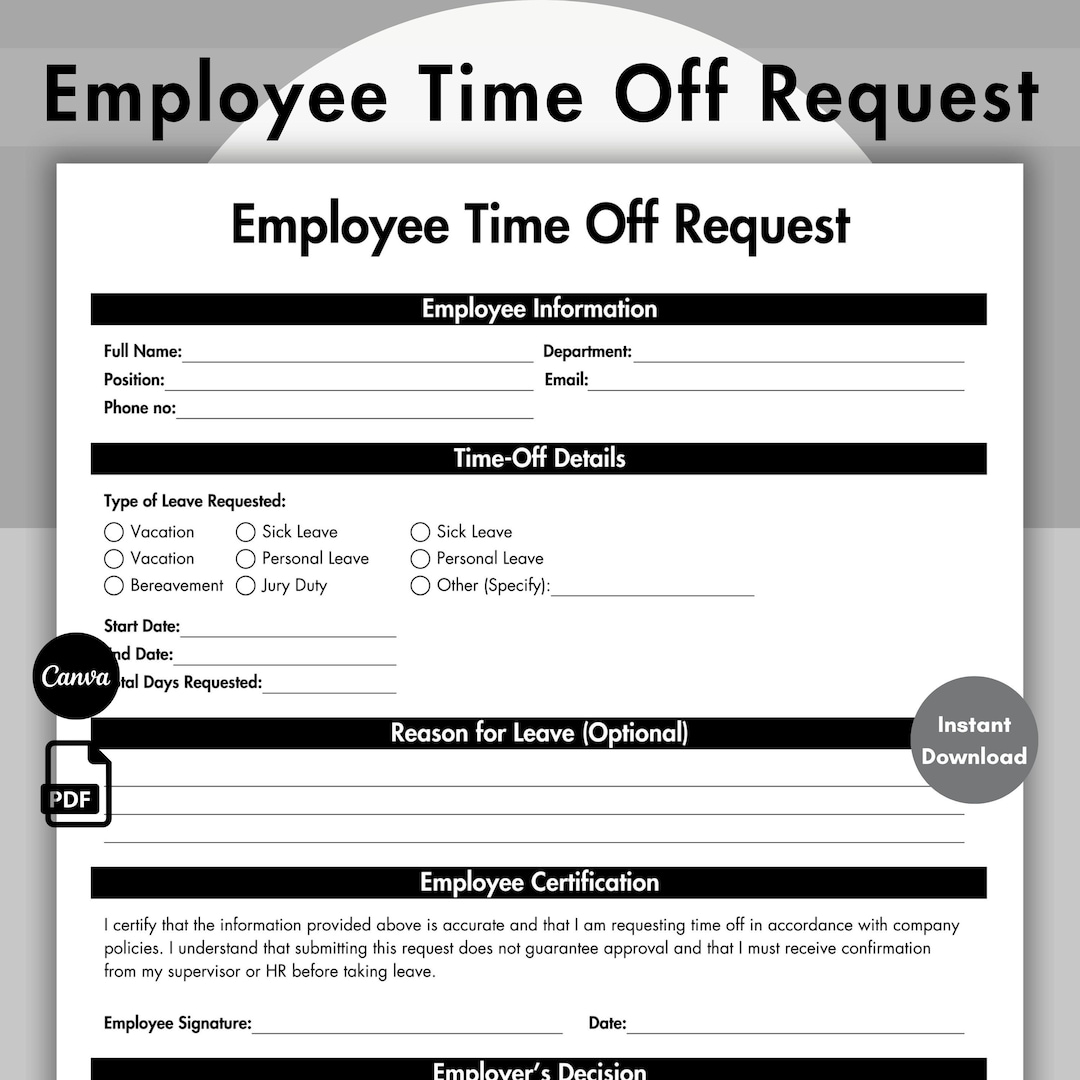 Employee Time off Request Black, Printable Time off Tracker, Editable ...
