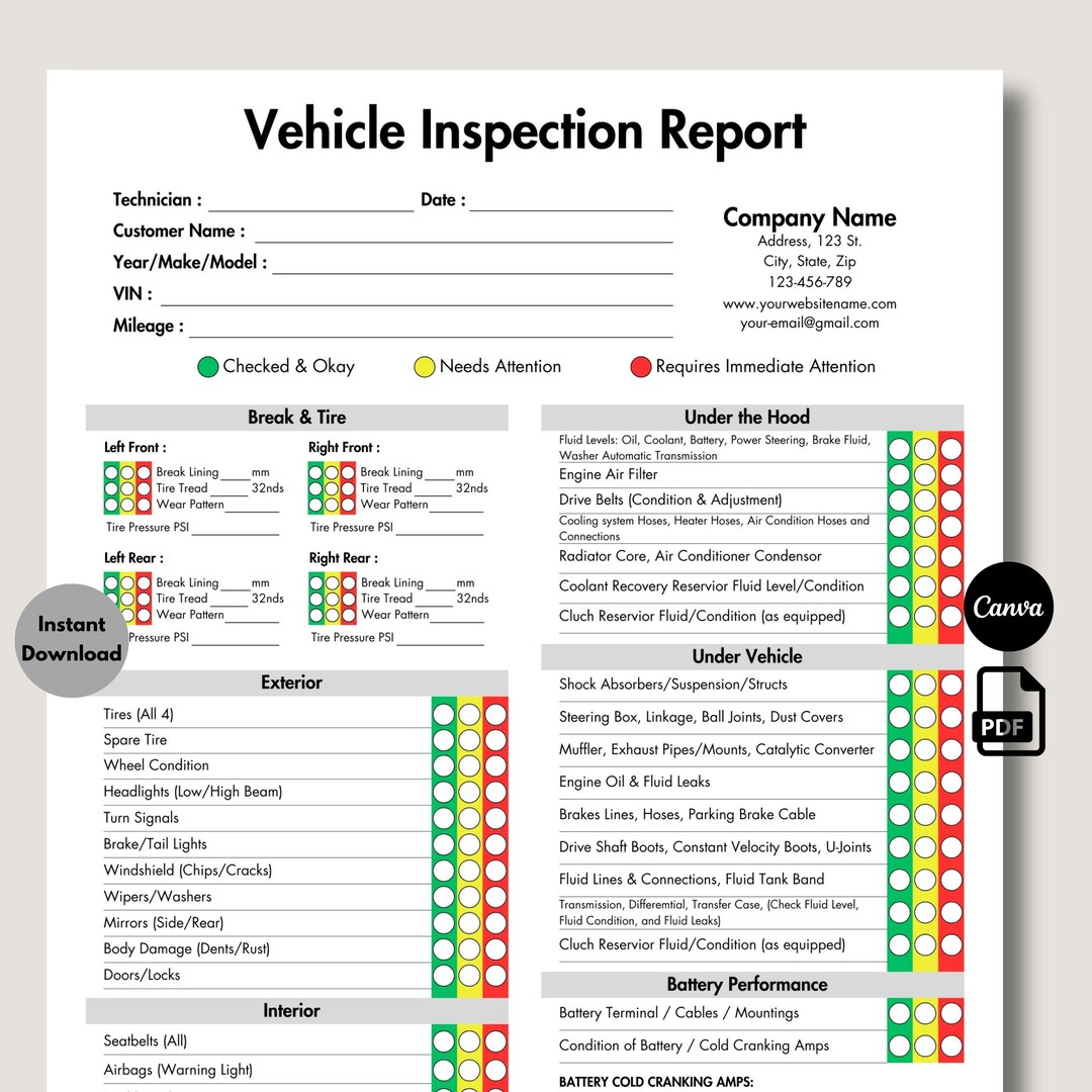 Vehicle Inspection Report, Editable Car or Equipment Rental Inspection ...