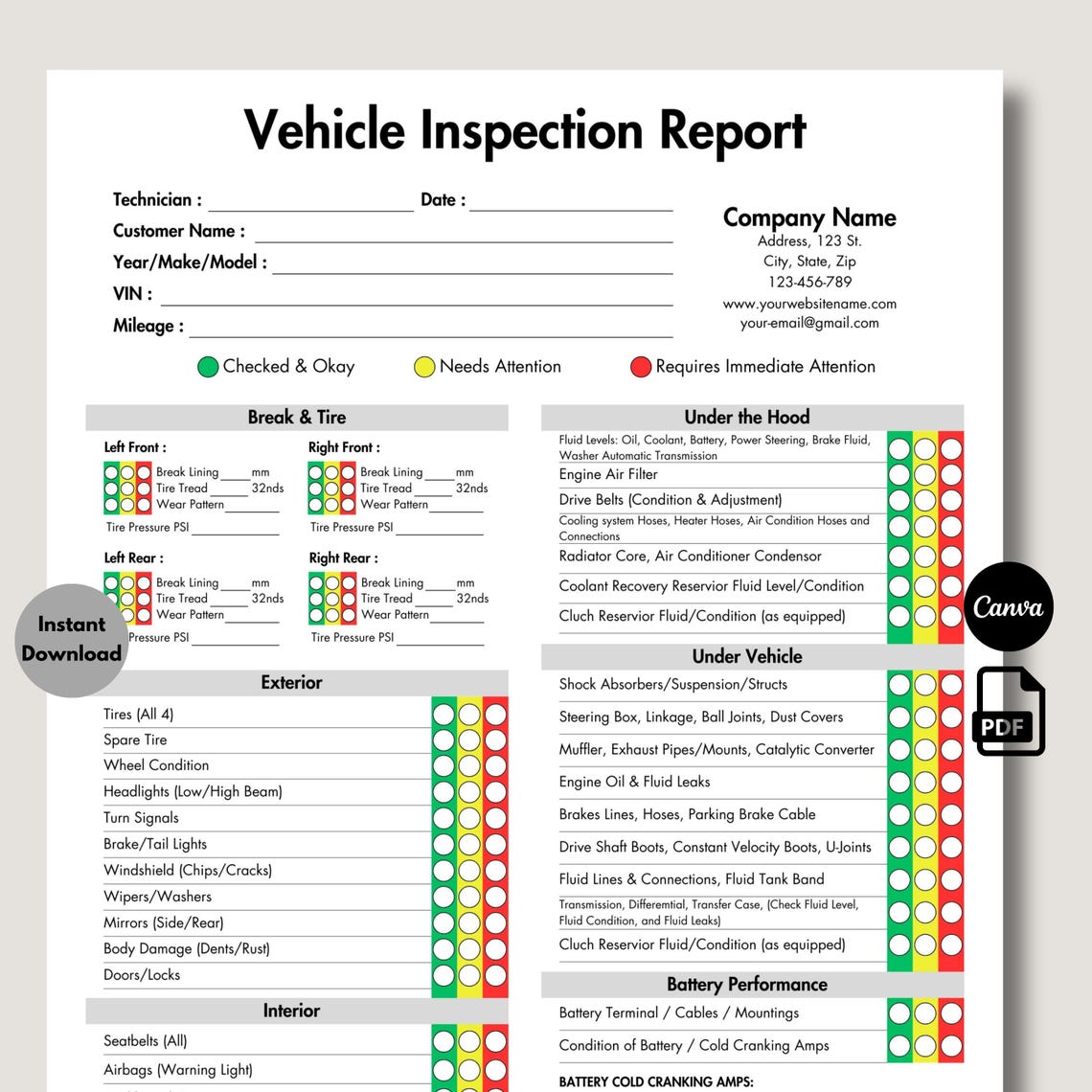 Vehicle Inspection Report, Editable Car or Equipment Rental Inspection ...