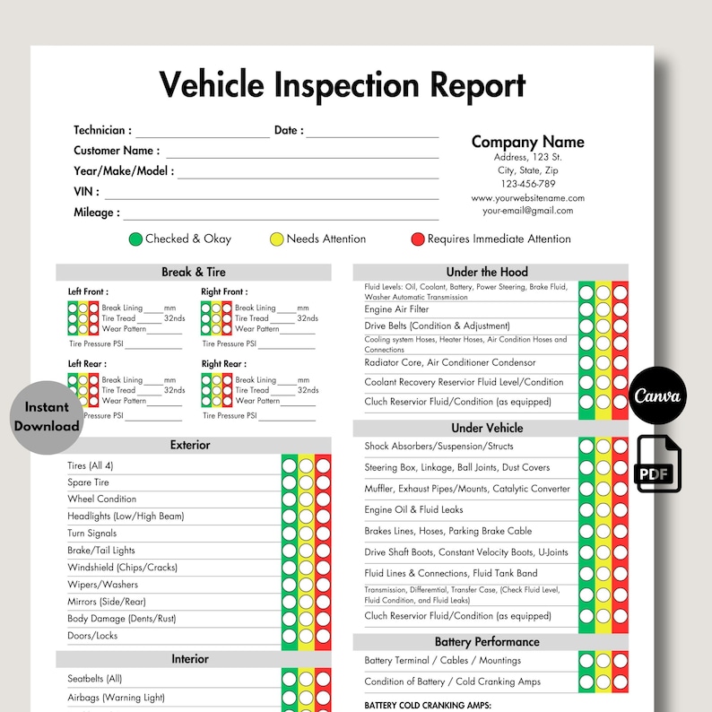 Vehicle Inspection Report, Editable Car or Equipment Rental Inspection ...