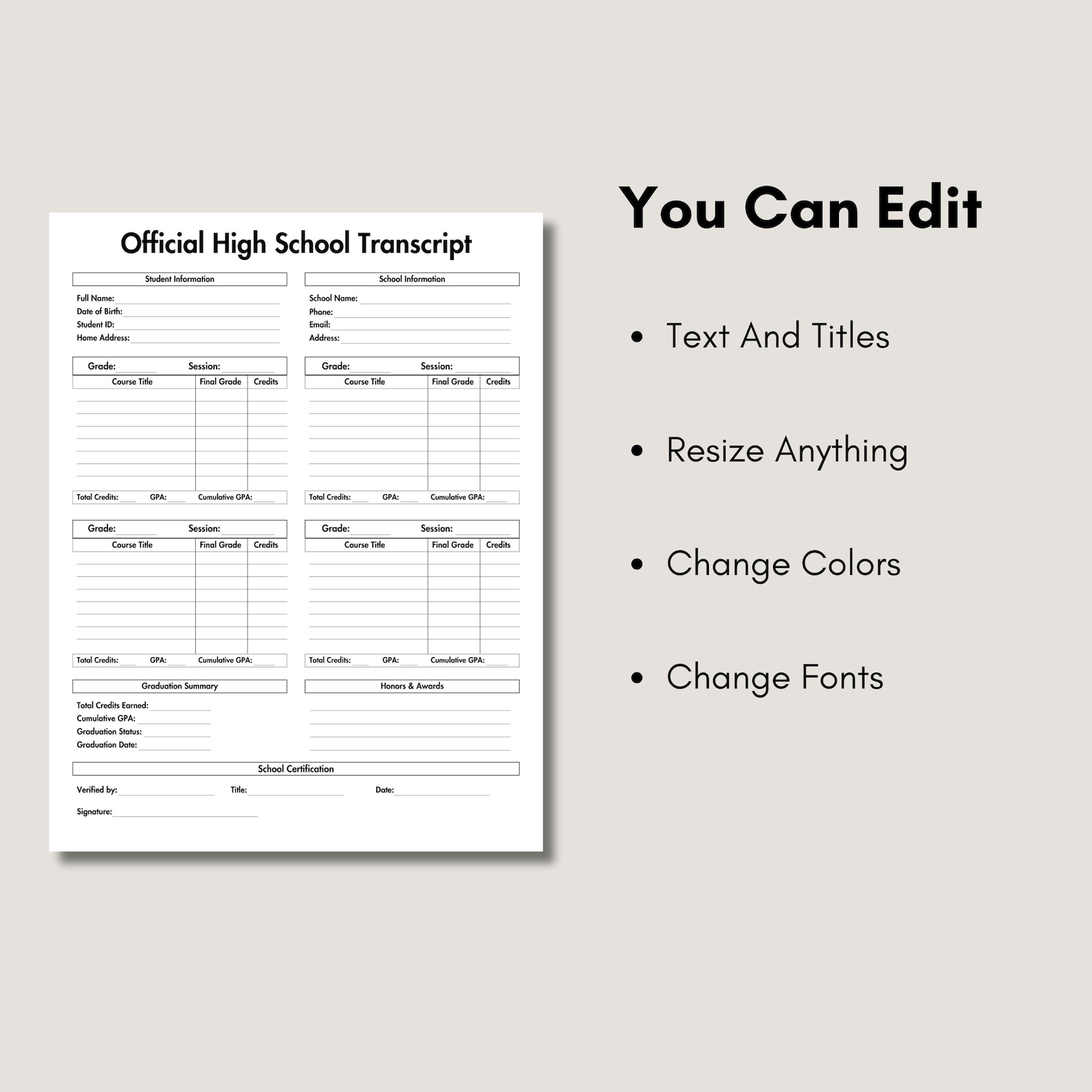 Editable High School Transcript Template, Home School Transcript Form ...