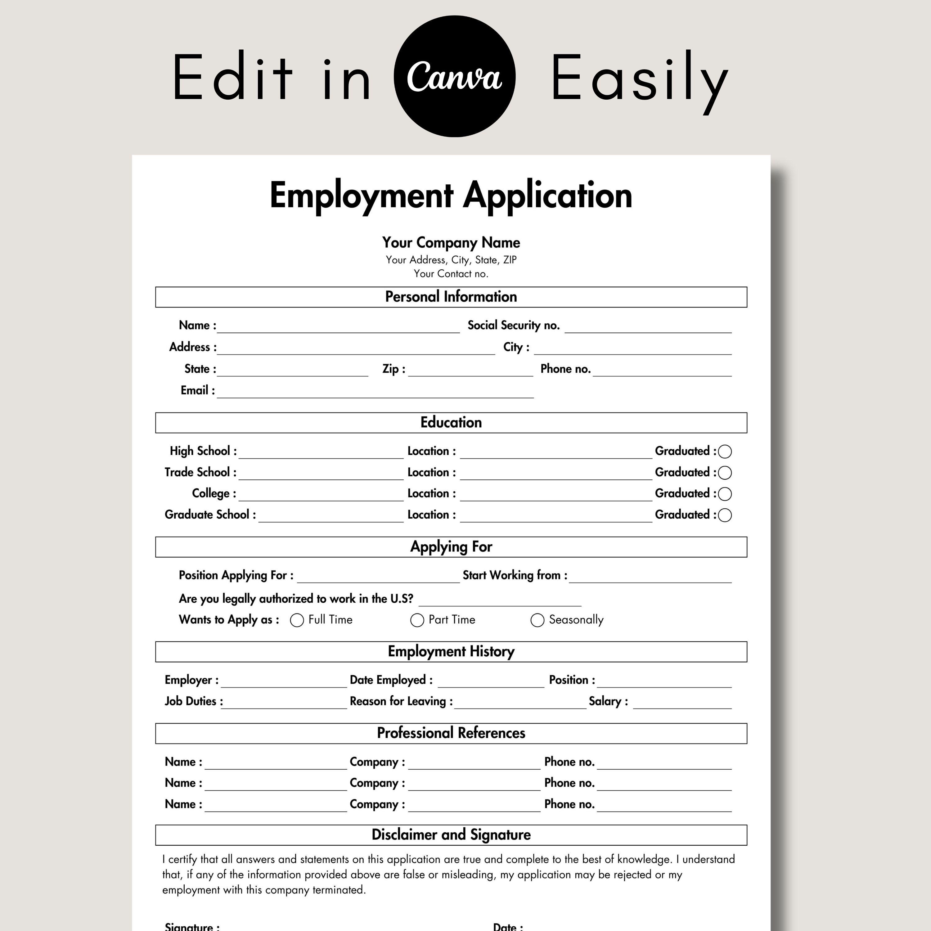 Employee Application, Editable & Printable Application for Employment ...