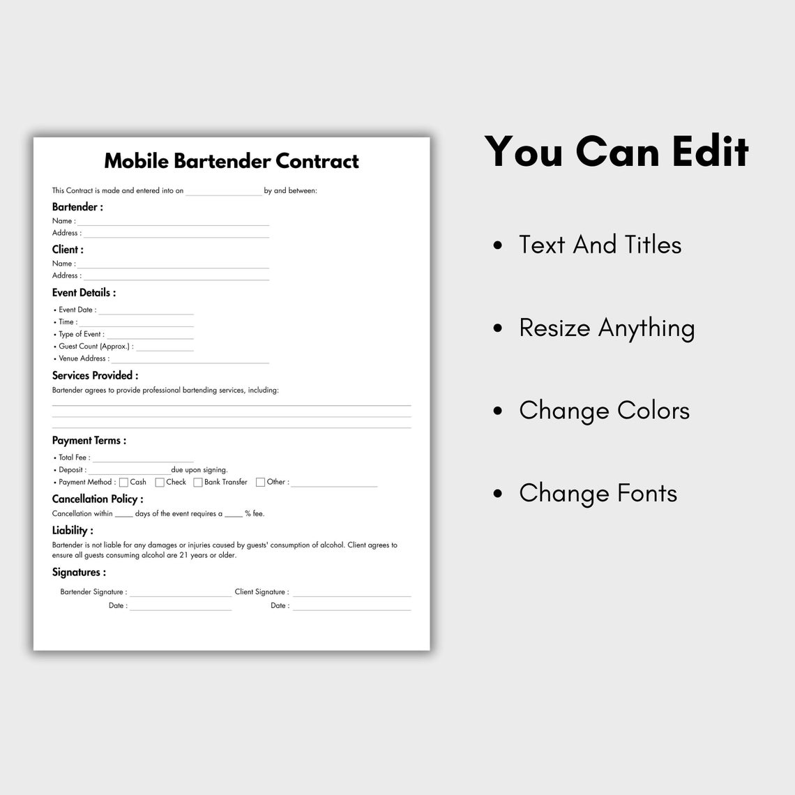 One Page Mobile Bartender Contract, Editable Mobile Bar Contract Form ...
