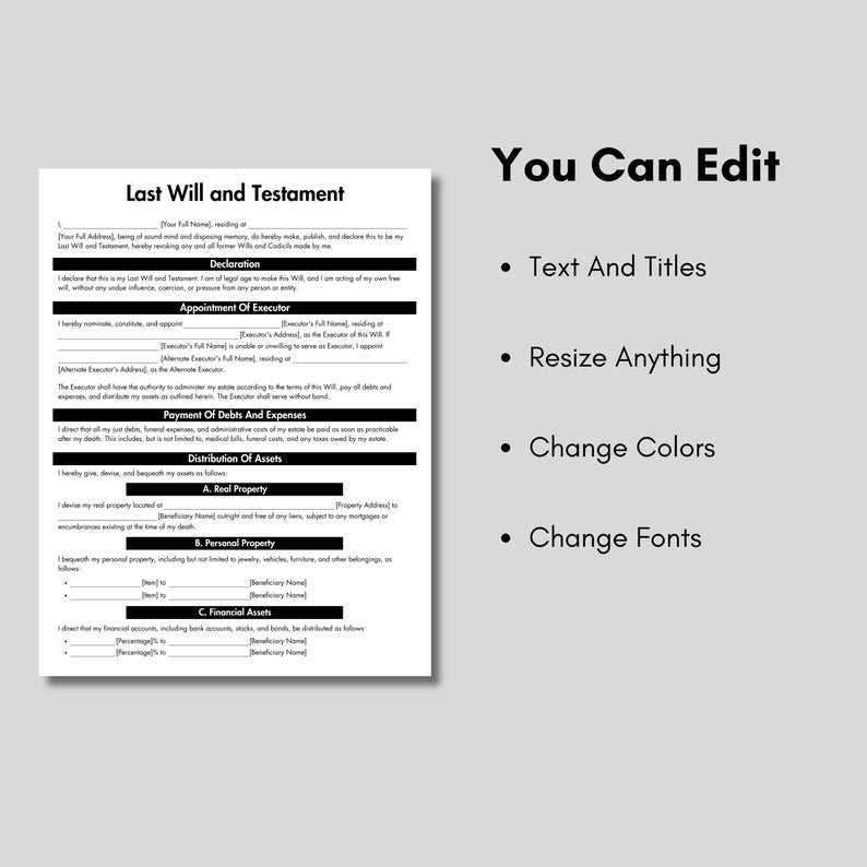 Editable Last Will and Testament Template | Printable Legal Testament ...