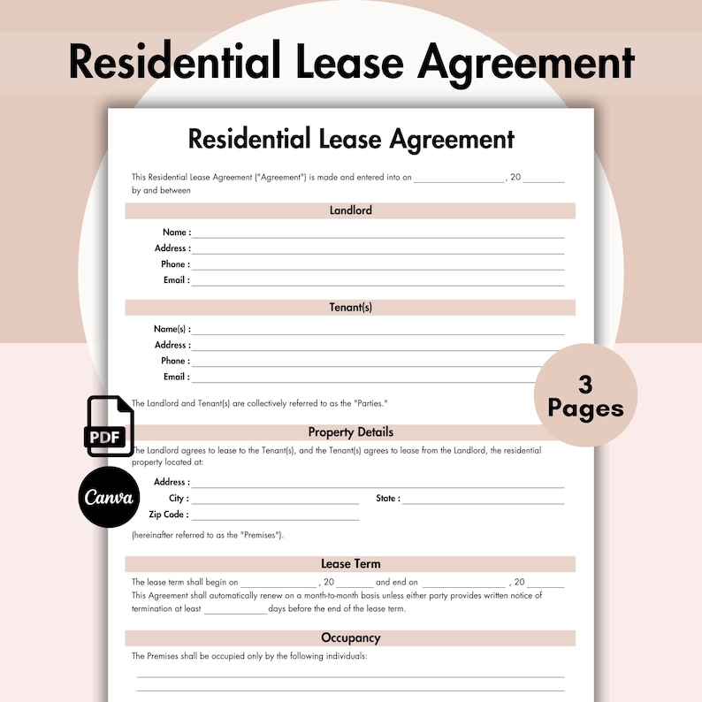 Residential Lease Agreement Template, Editable Simple Rental Lease ...