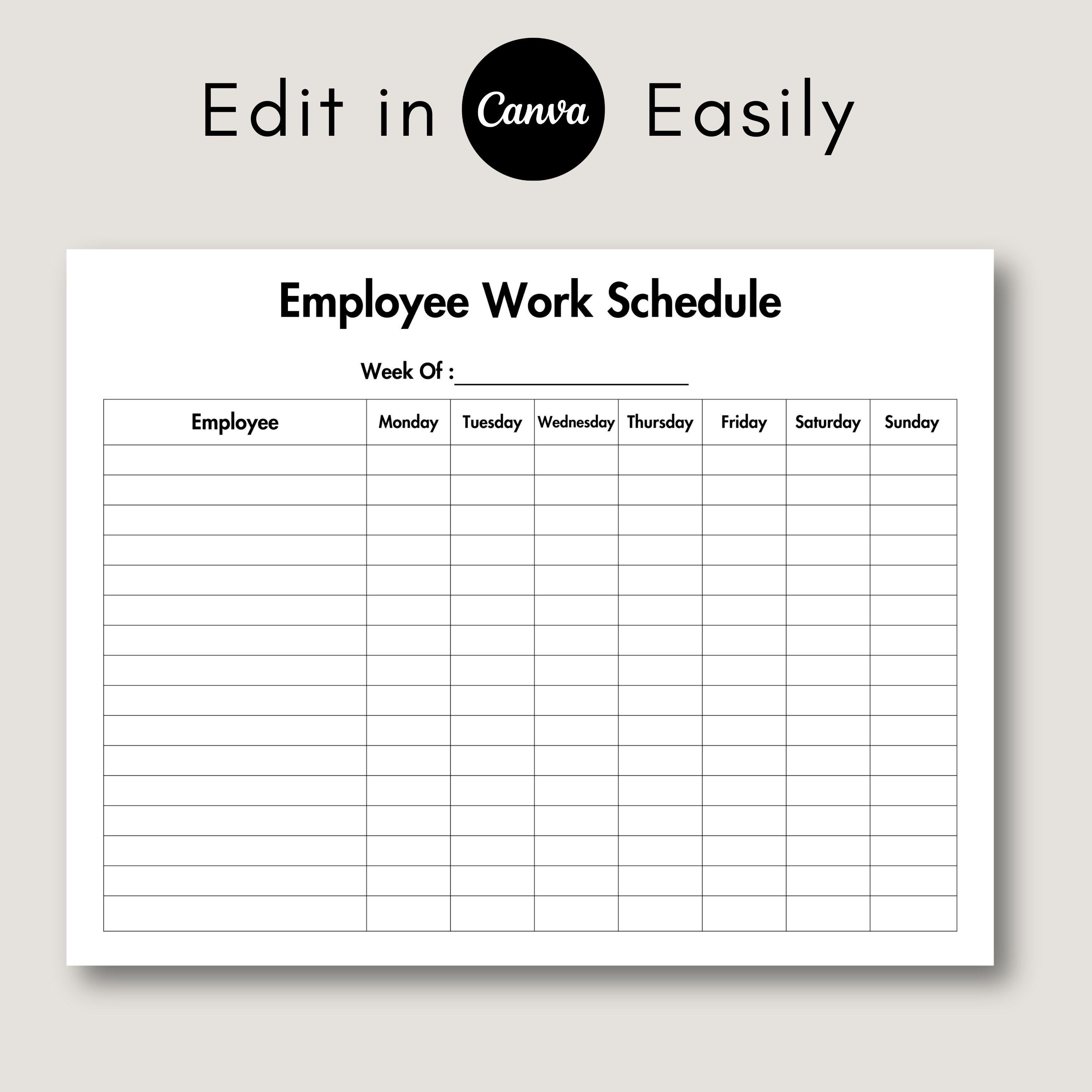 Employee Work Schedule Printable, Employee Weekly Schedule Editable ...