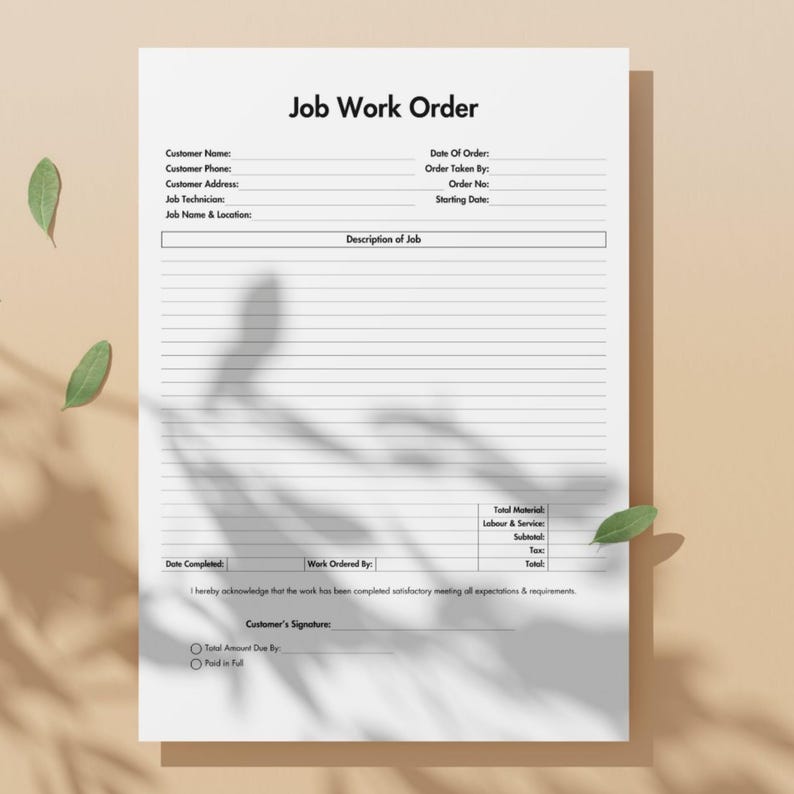 Editable Job Work Order Form, Business Job Work Order Template, Job ...
