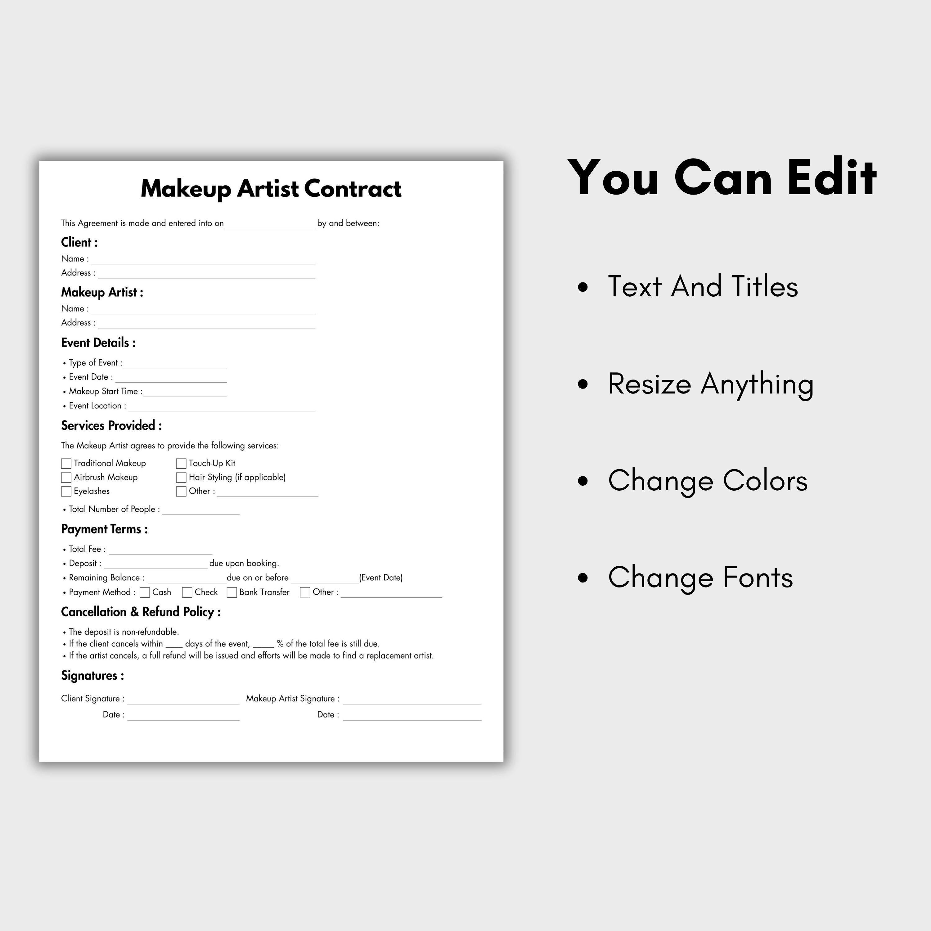 One Page Makeup Artist Contract, Editable Makeup Agreement Form ...