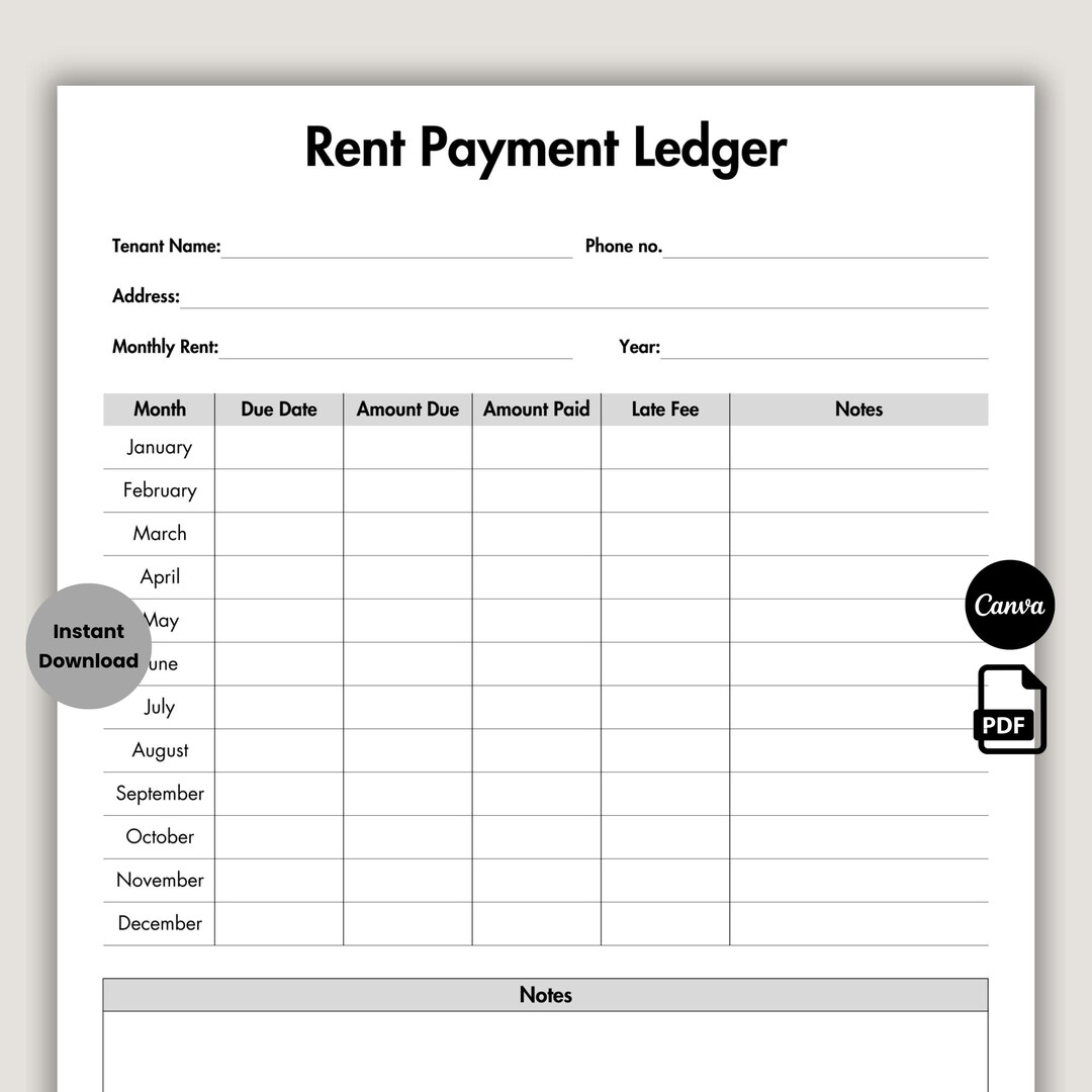 Rent Payment Ledger Template, Editable Rental Payment Tracker Form ...
