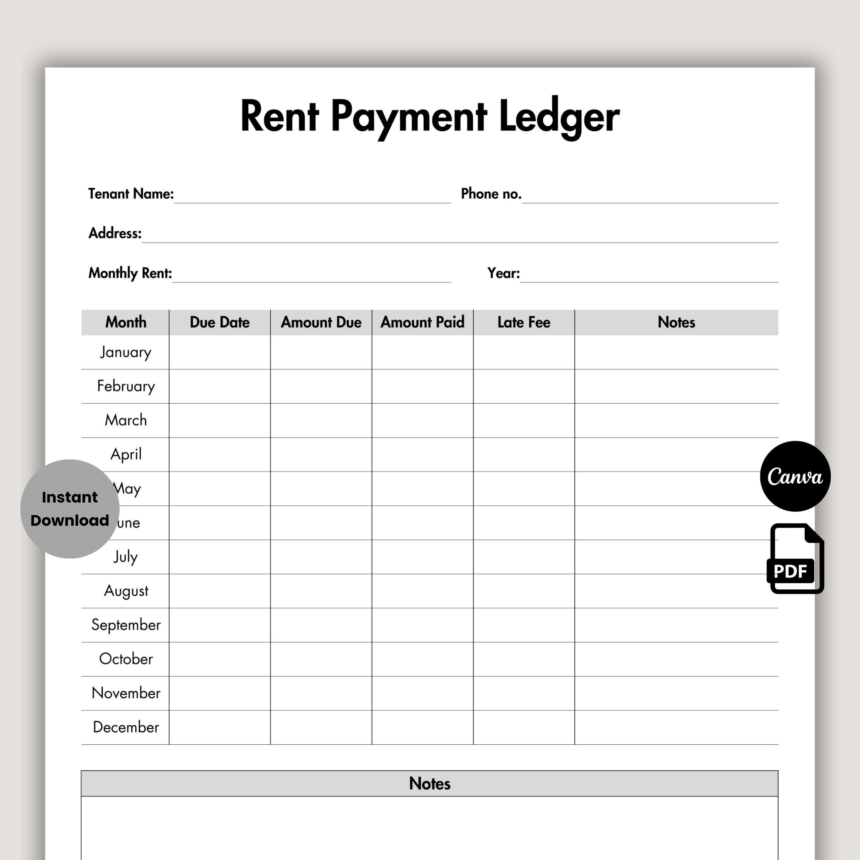 Rent Payment Ledger Template, Editable Rental Payment Tracker Form ...