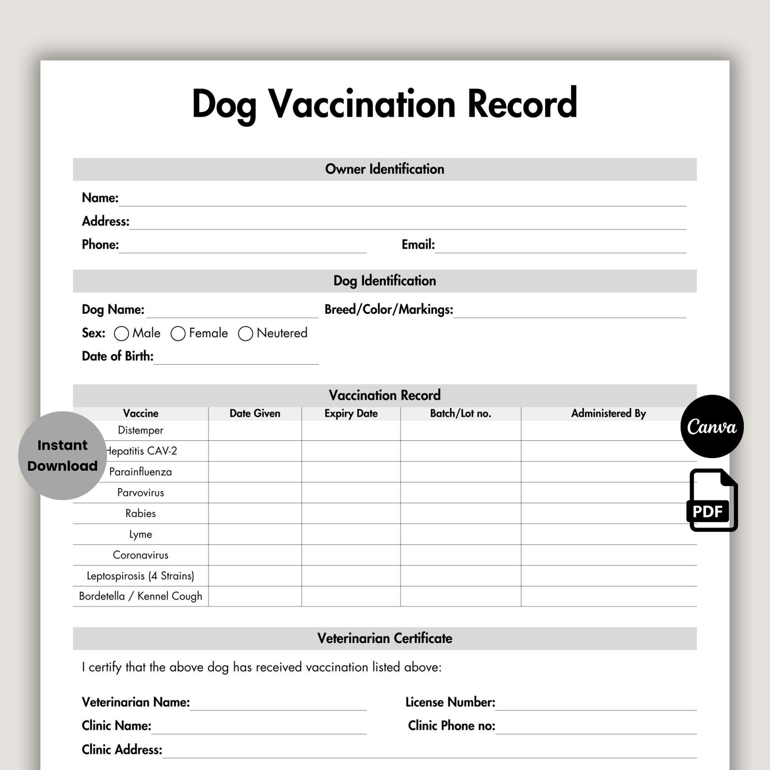 Dog Vaccination Record, Printable Proof of Vaccination, Pet ...