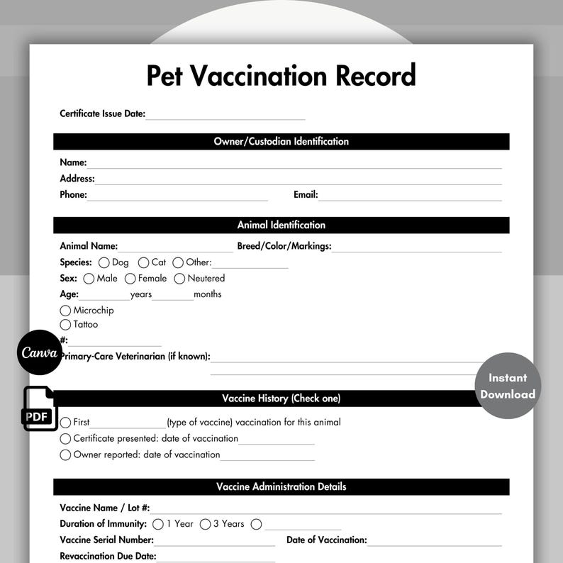 Pet Vaccination Record Black, Printable & Editable Dog Vaccination ...