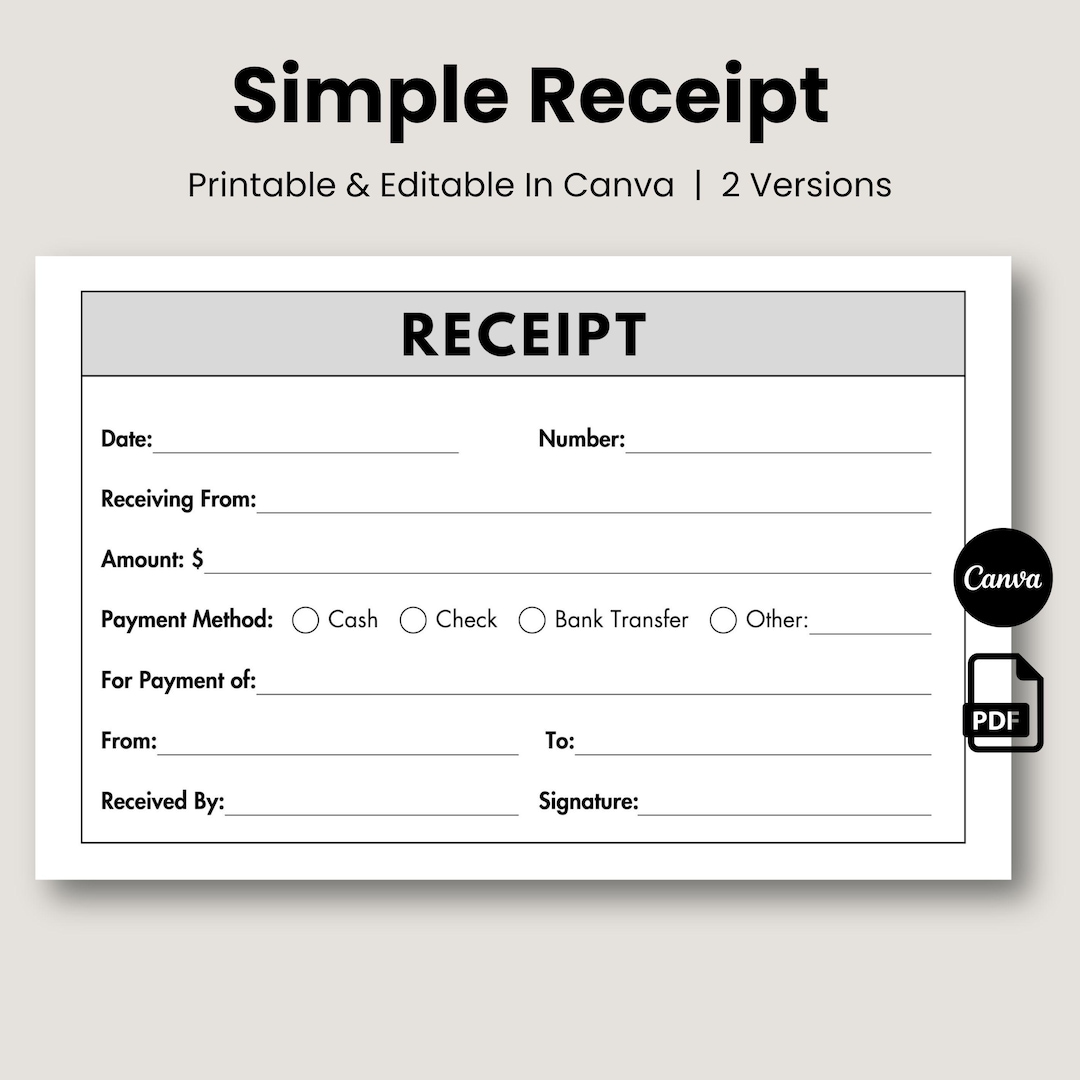 Simple Receipt Template, Editable Business Receipt, Sales Receipt for ...