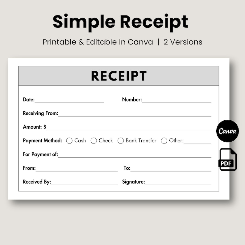 Simple Receipt Template, Editable Business Receipt, Sales Receipt for ...