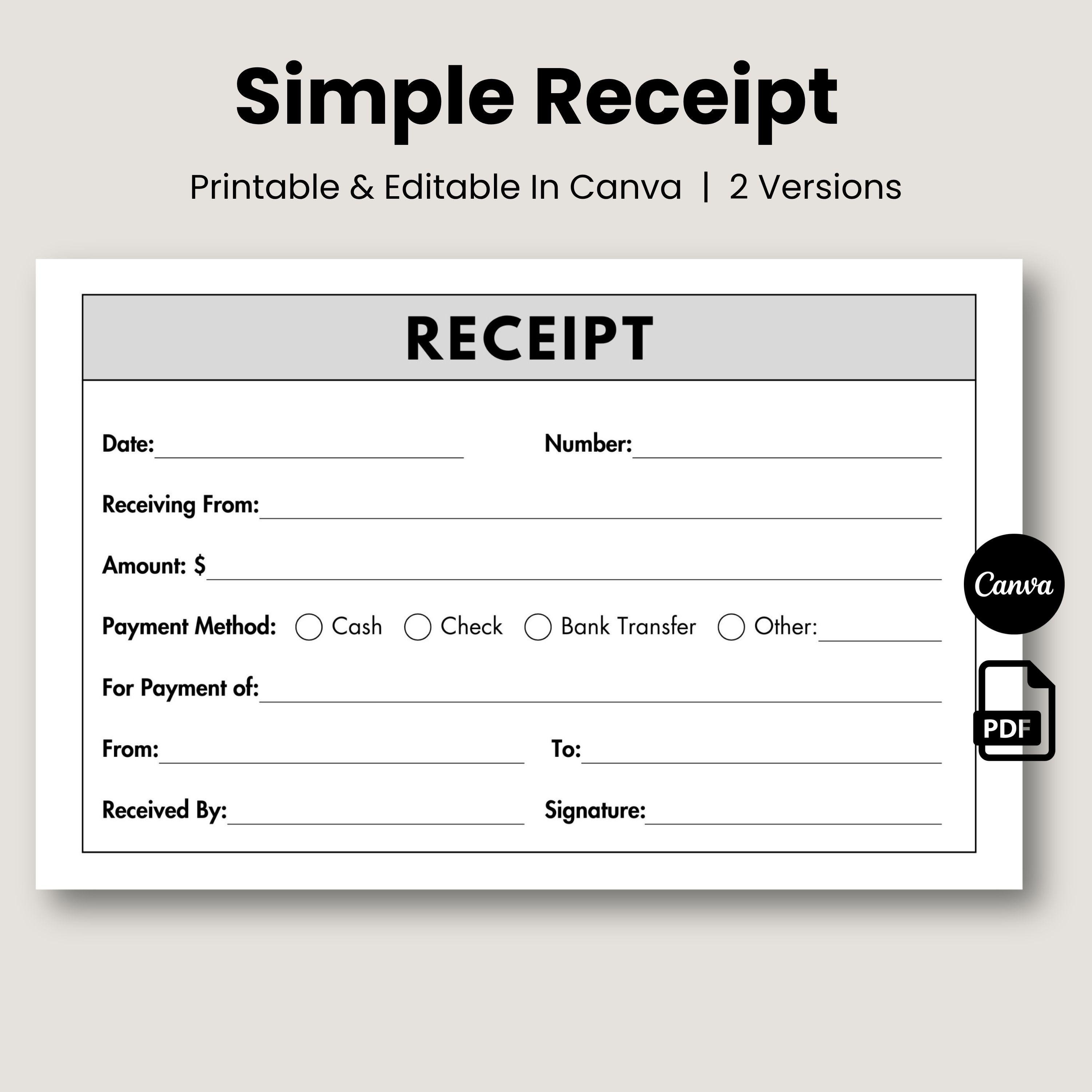 Simple Receipt Template, Editable Business Receipt, Sales Receipt for ...