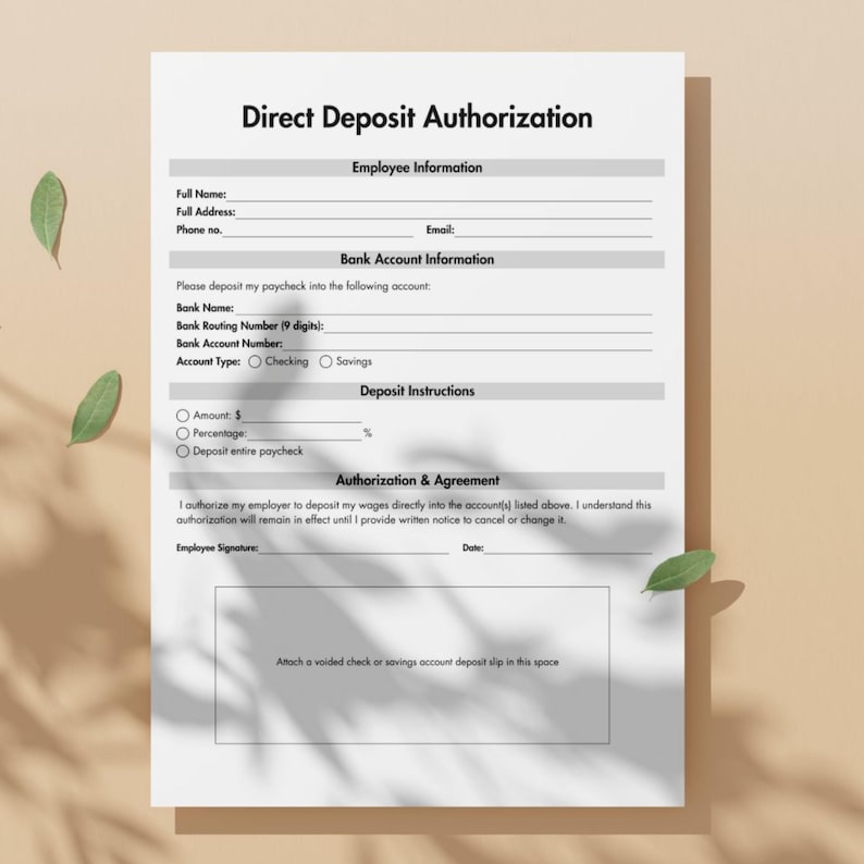 Direct Deposit Authorization Template, Editable Employee Direct Deposit Form, HR Template ...