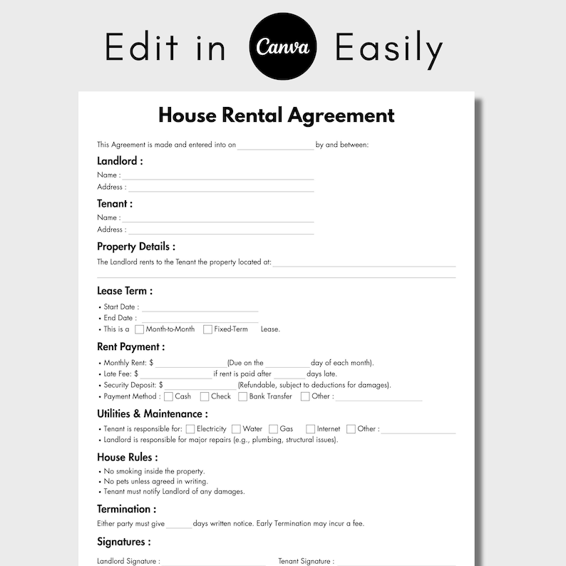 One Page House Rental Agreement, Editable Lease Agreement Template ...