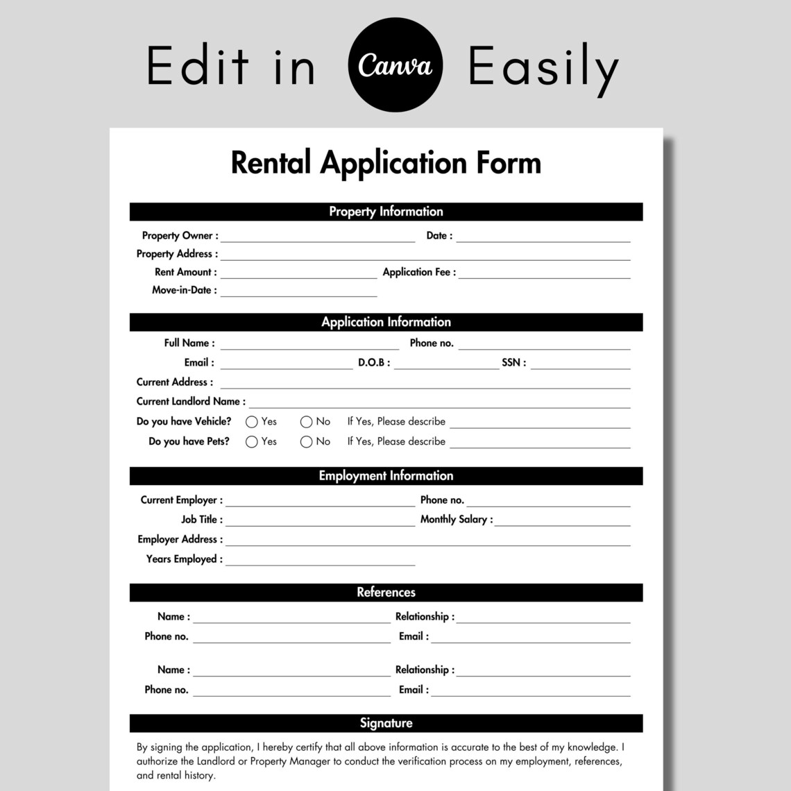 Editable Rental Application Form, Printable Landlord Rental Application ...