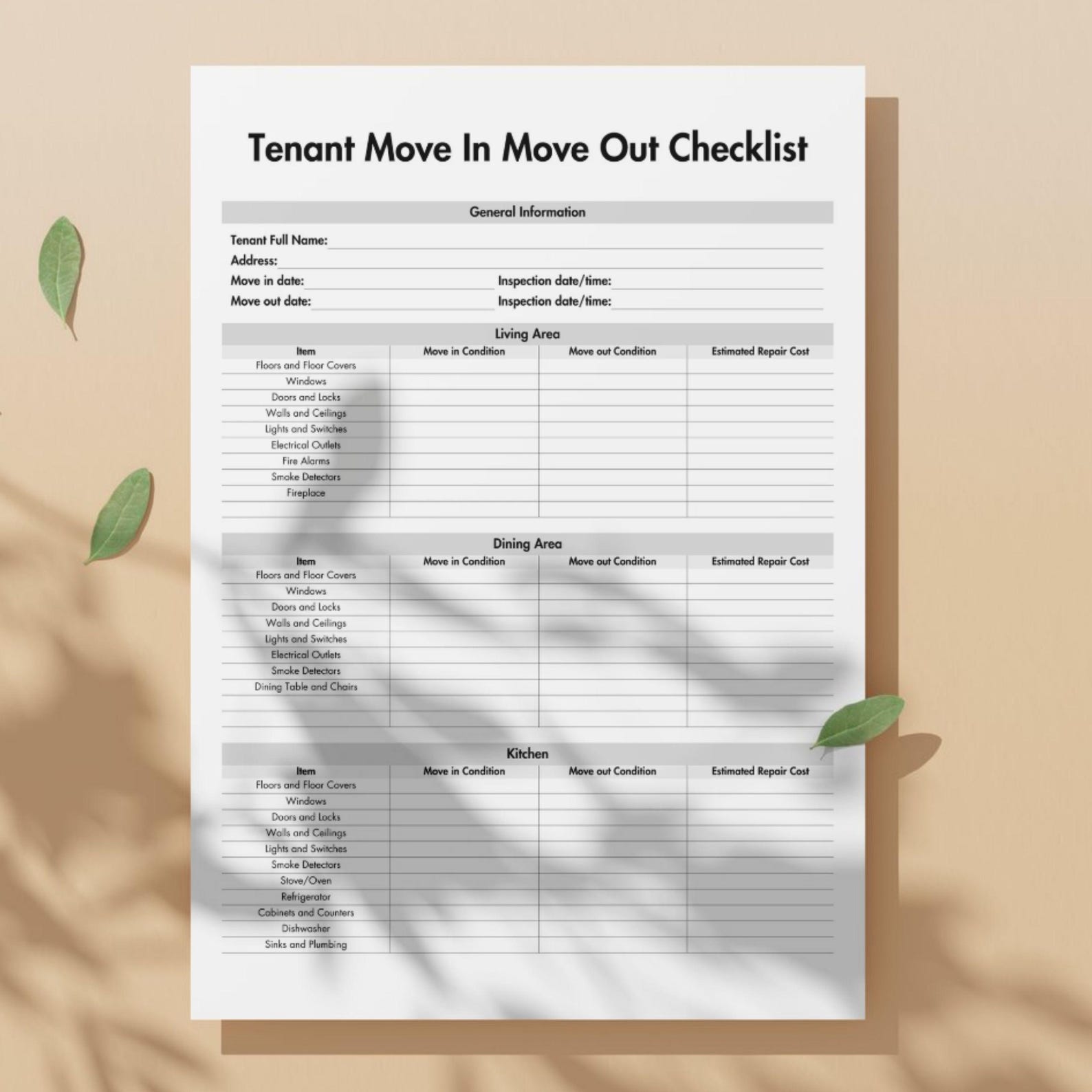 Tenant Move in Move Out Checklist, Printable Landlord Checklist ...