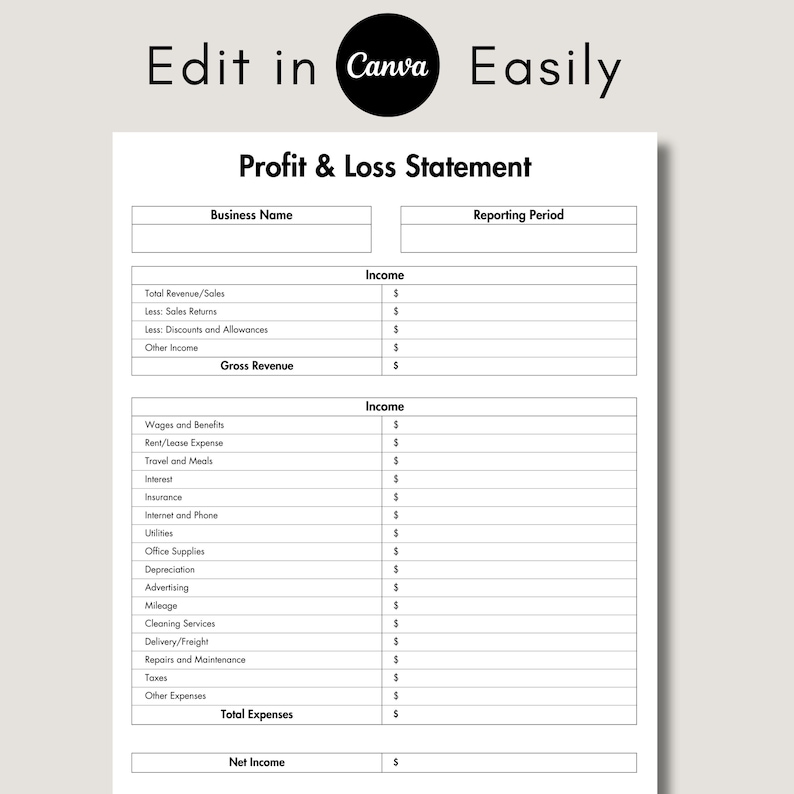 Profit and Loss Statement, Printable, Editable Small Business Income ...